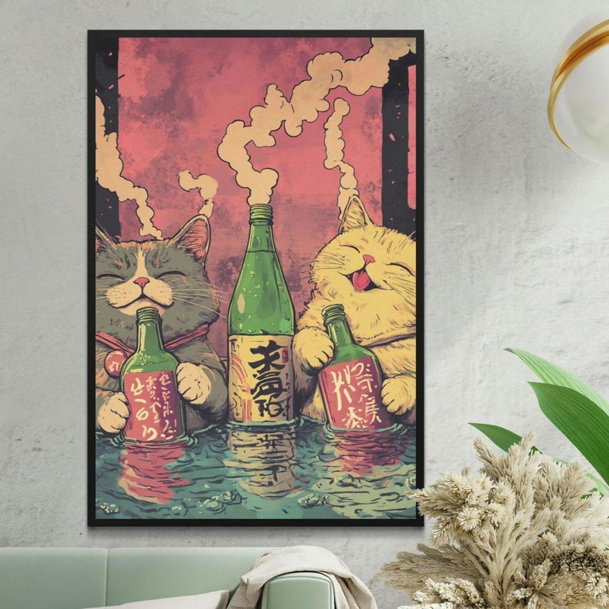 Cats Drinking Sake In Hot Springs Posters, Funny Cat Art, Japanese Art ...