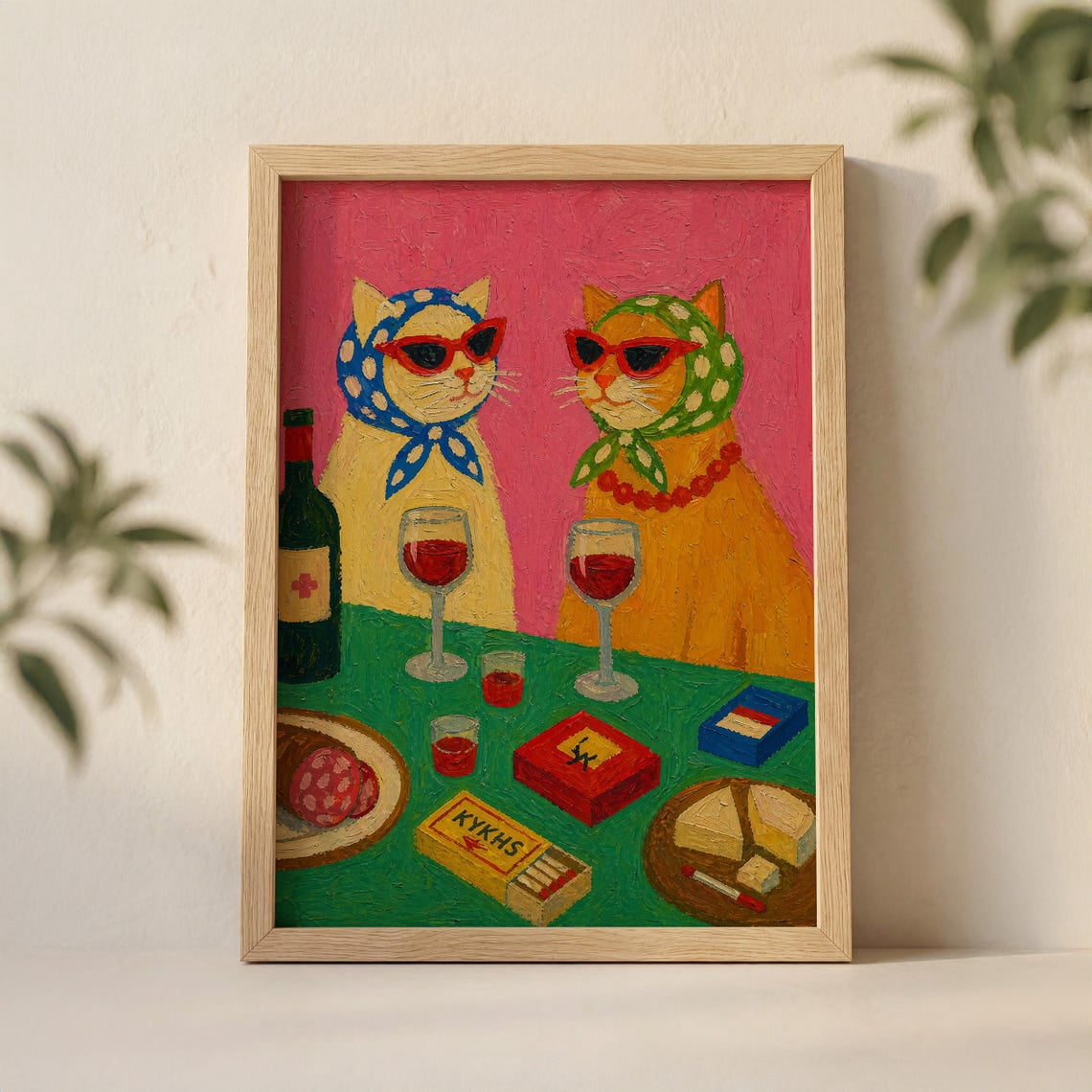 Cats Drinking Wine And Eating Cheese Quirky Animal, Stretched Canvas ...