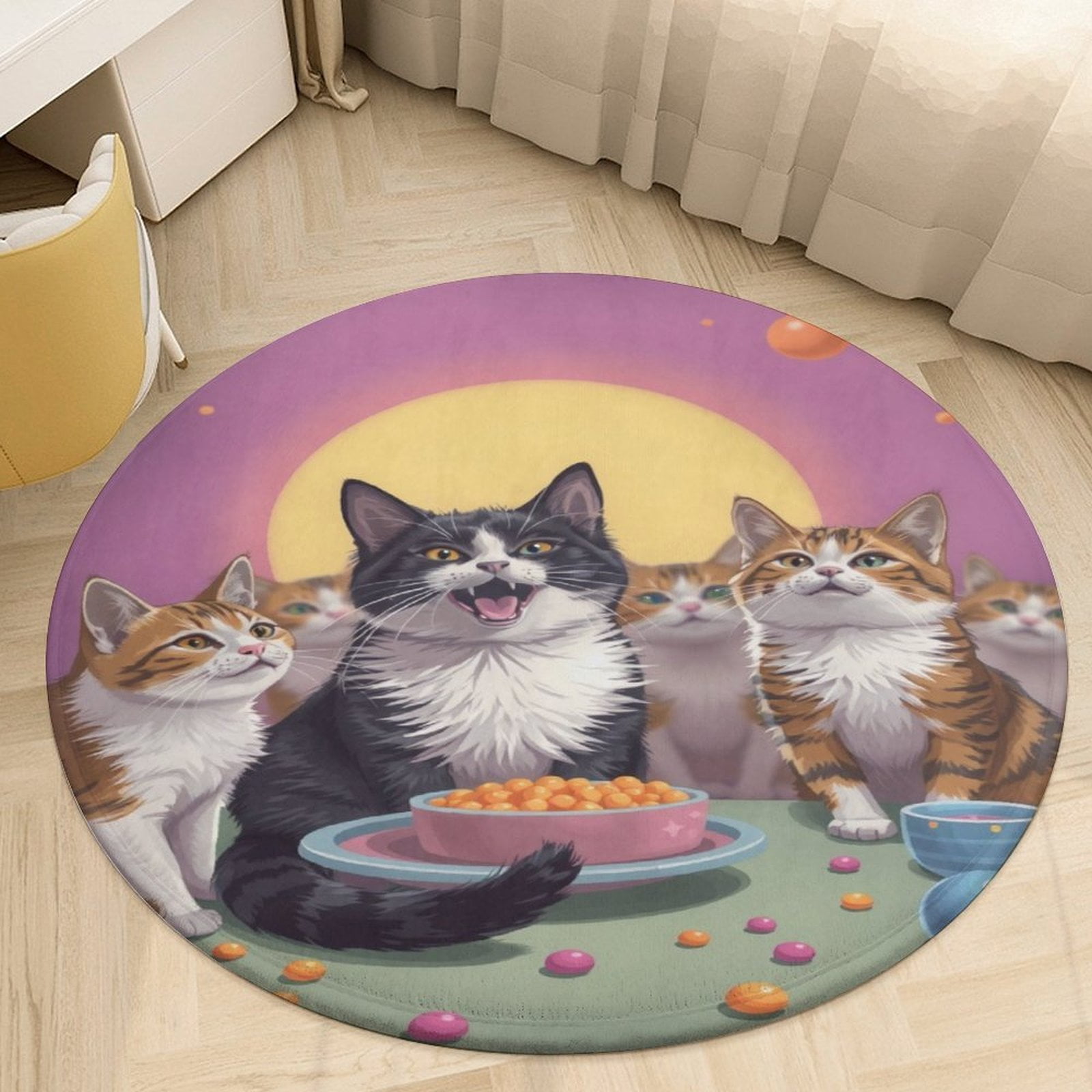Cats Eating Yummy Treats Round Carpets Modern Living Room Ration Rugs ...