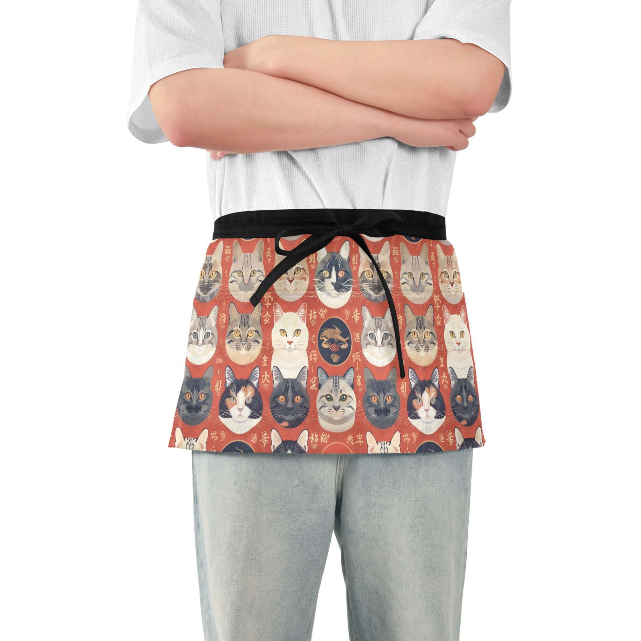 Cats Face Server Apron with 3 Pockets Waterproof Waitress Waist Short ...