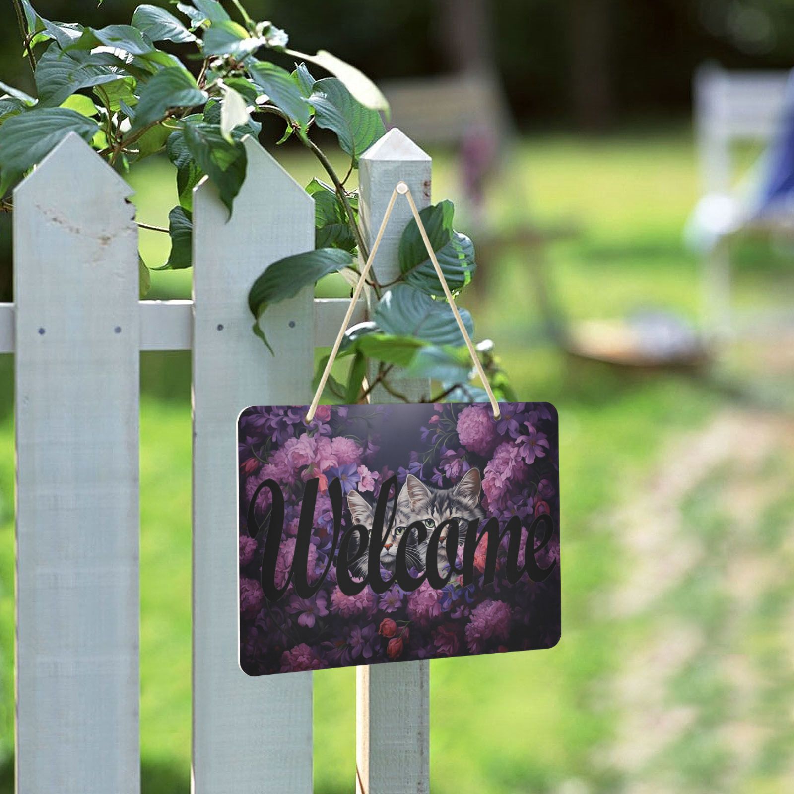 Cats Flowers Floral Purple Welcome Sign for Front Door Porch Wreath ...