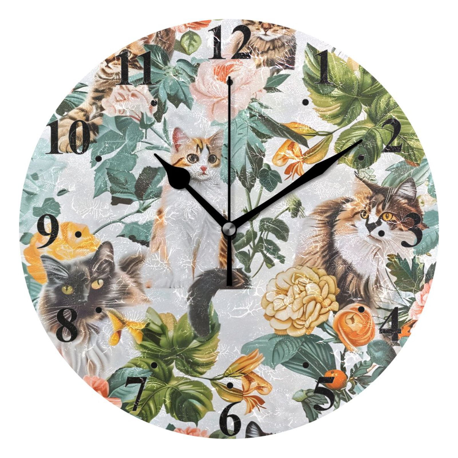 Cats Flowers Leaves Black 10 inch Wall Clocks Non Ticking Easy to Read ...