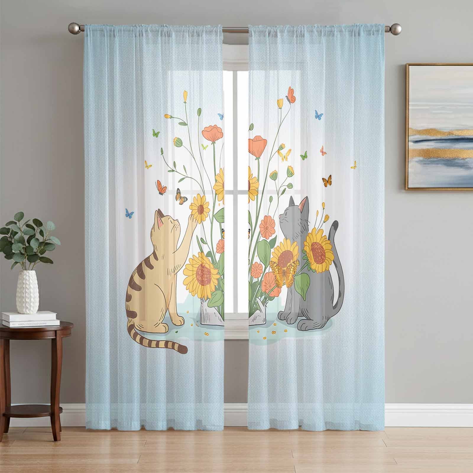 Cats Flowers Sheer Curtains 96 Inch Length 2 Panels Set, Spring Floral ...