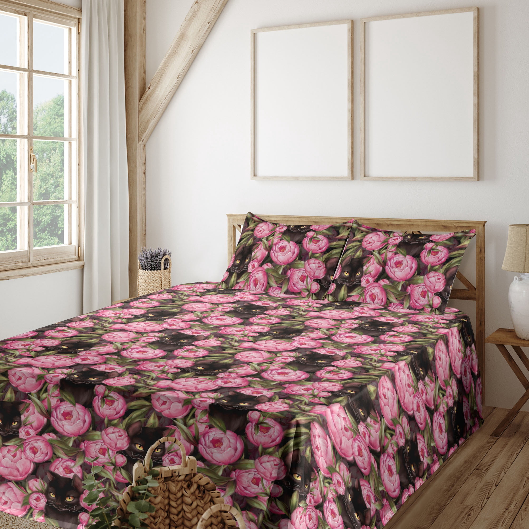 Ambesonne Cats and Flowers Fitted & Flat Sheet with Shams 4 Pcs Set ...