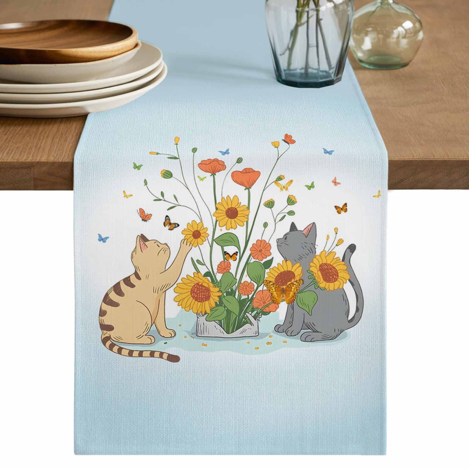 Cats Flowers Table Runner 70 Inches, Spring Floral Elegant Pastoral Bed ...