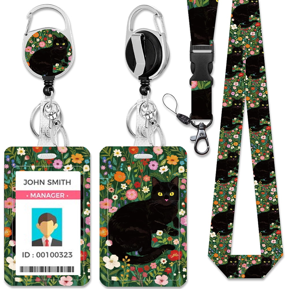 Cats ID Badge Holders Rectangle Plastic Name Tag Leaves and Flowers ID ...