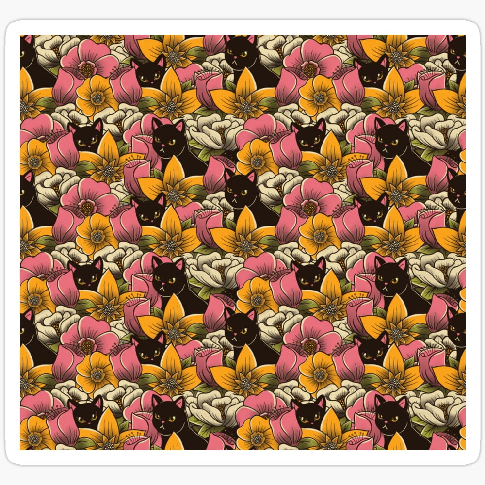 Cats In A Field Of Flowers Pattern Sticker Phone Decal Water Bottle ...