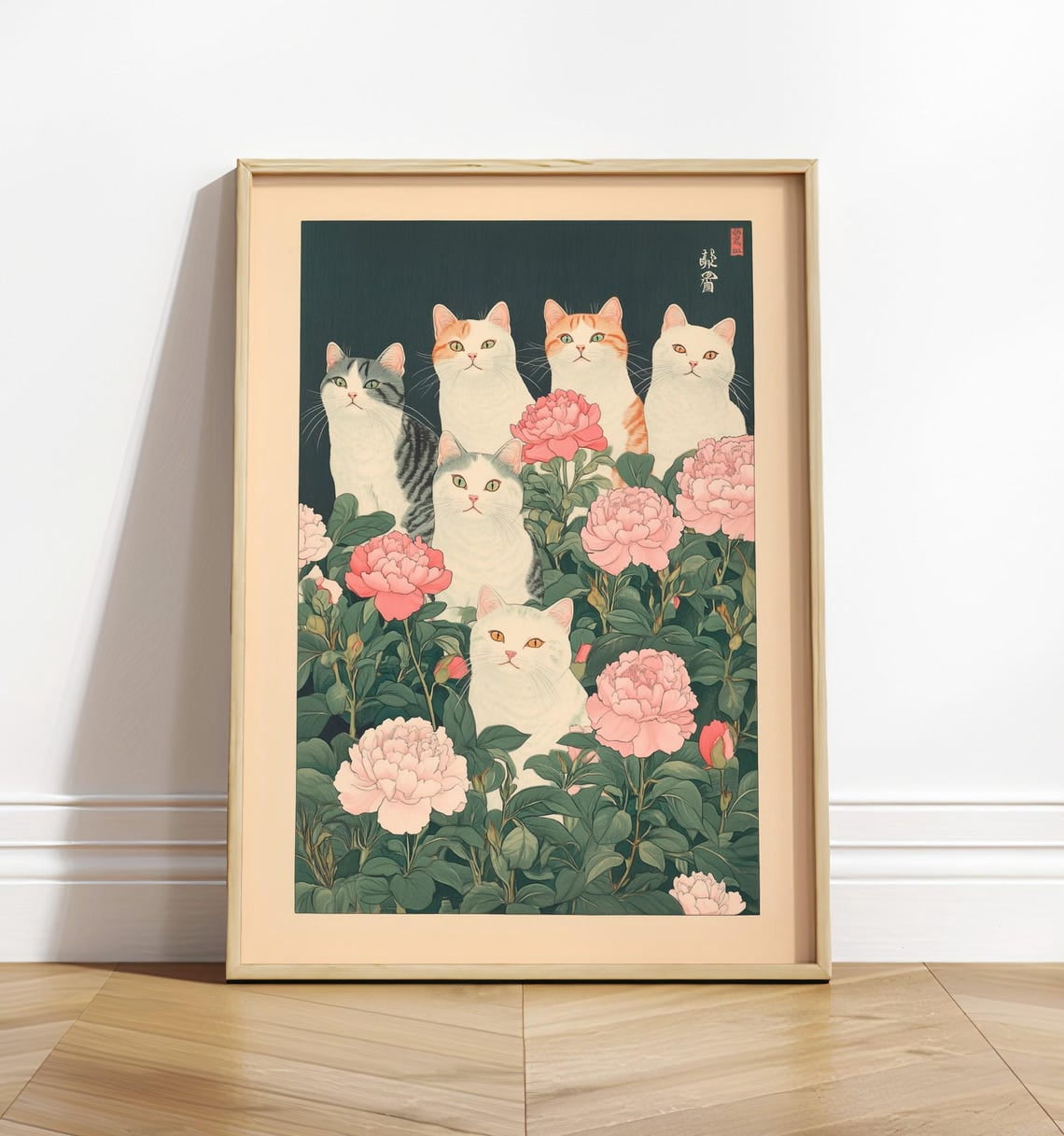 Cats In Flowers, Vintage Japanese Zen Garden Art, Botanical Print ...