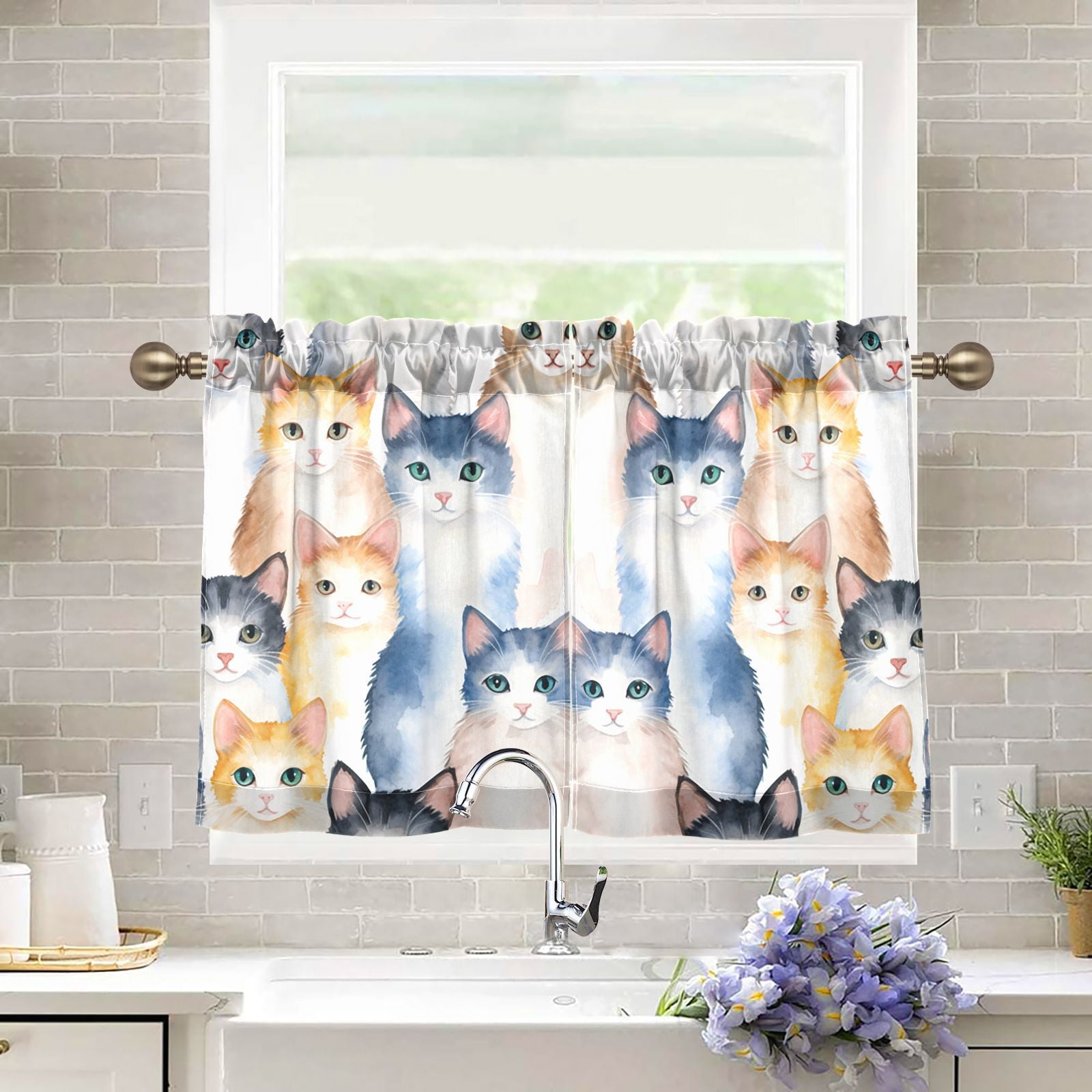 Cats Kitchen Curtains Half Tier Curtain 2 Rod Pockets Bathroom Bedroom ...