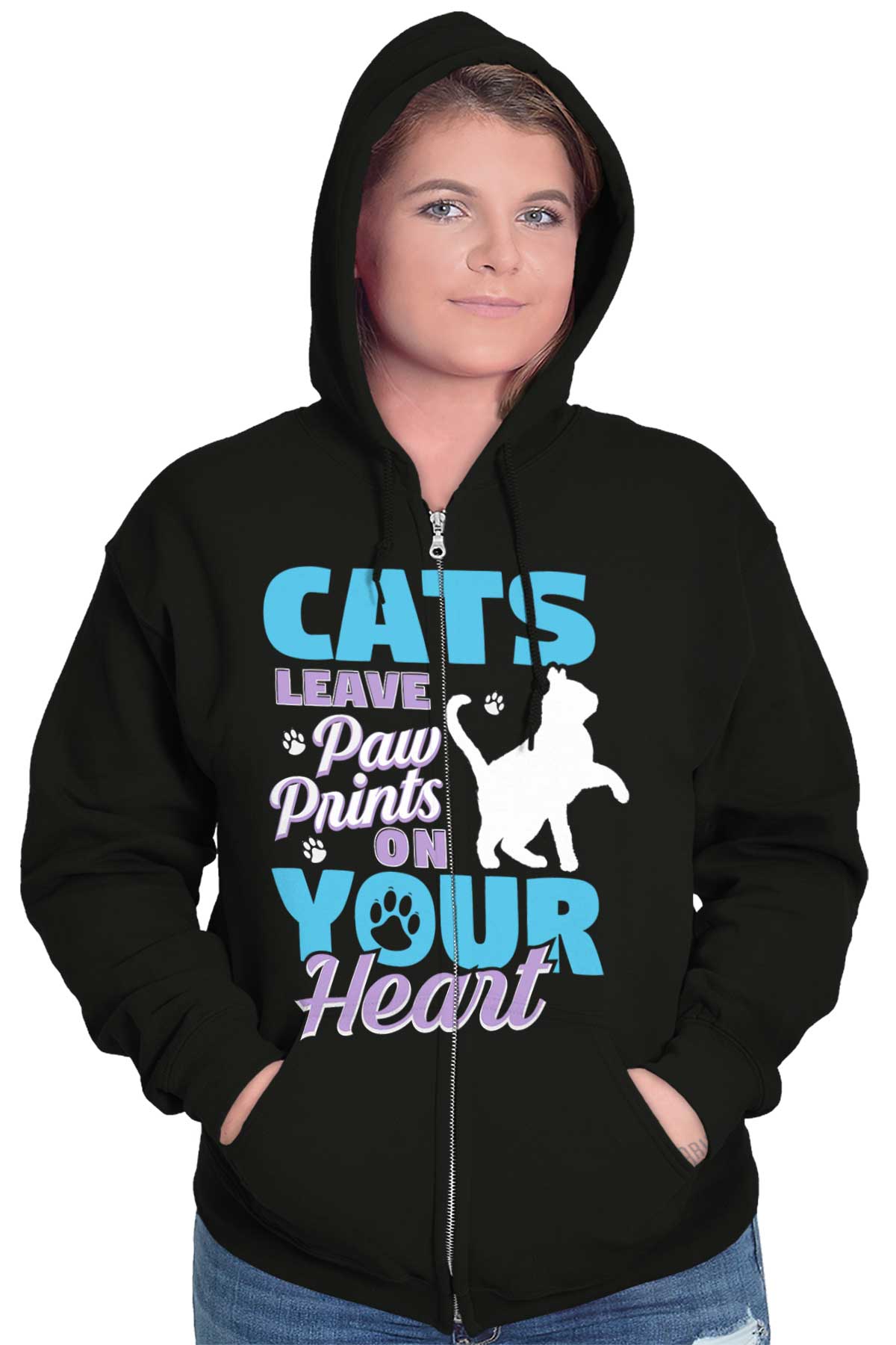 Cats Leave Paw Prints on Your Heart Womens Plus Size Graphic Zipper ...