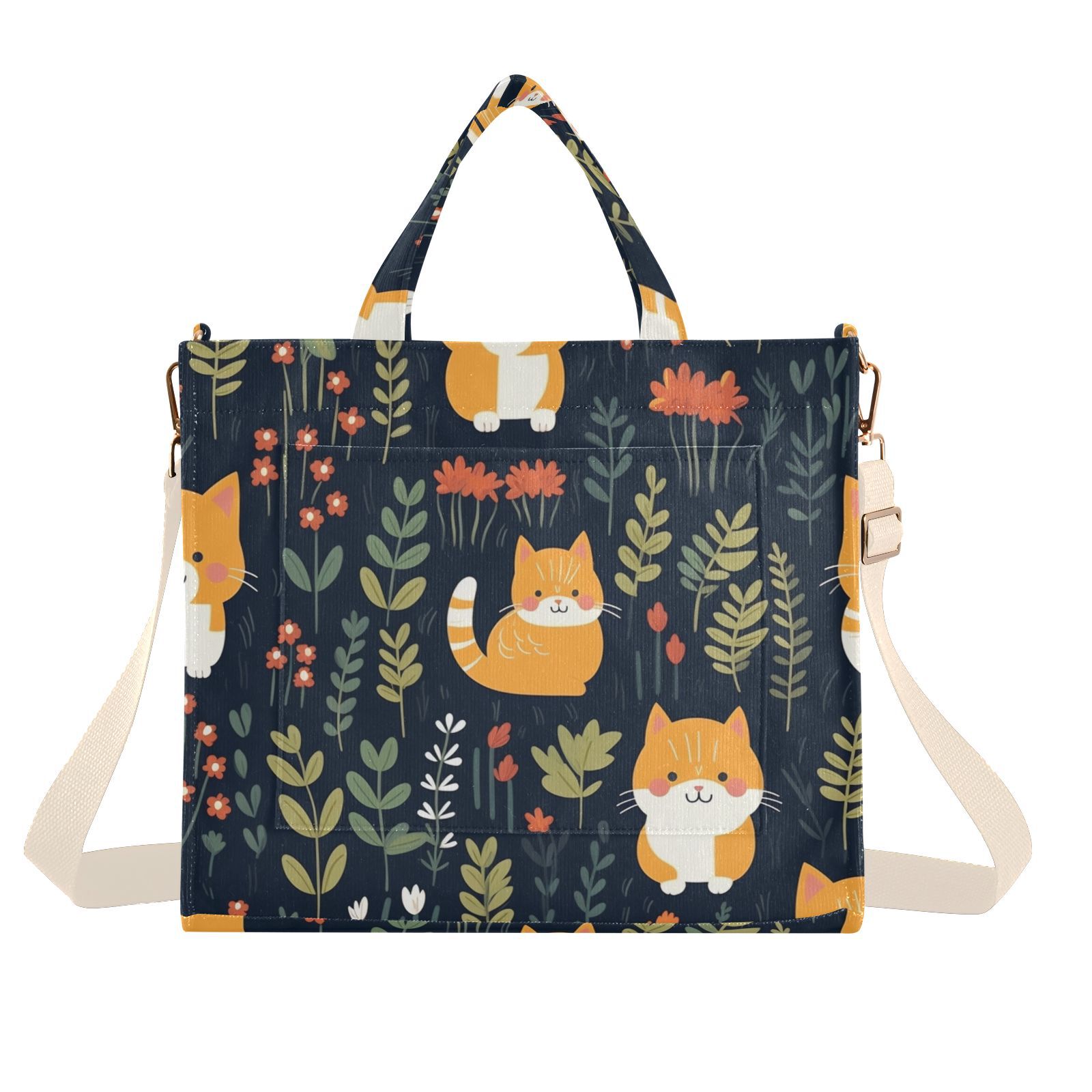 Cats Leaves Flowers Corduroy Tote Bag Handbag Large Messenger Bag ...