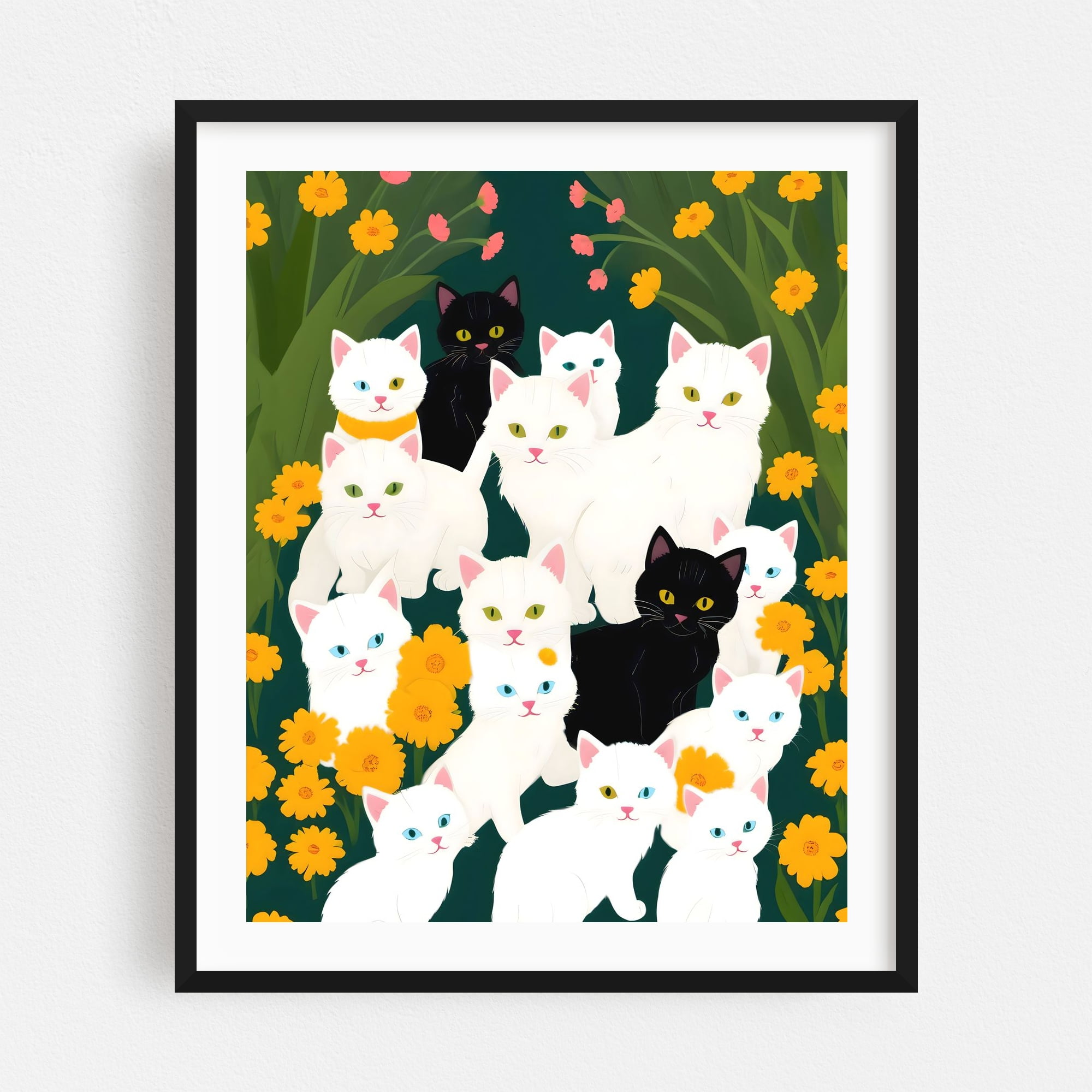 Cats Meet Up Group - India Illustration Cat Floral Animal Whimsical Modern Art Nature Flowers ...