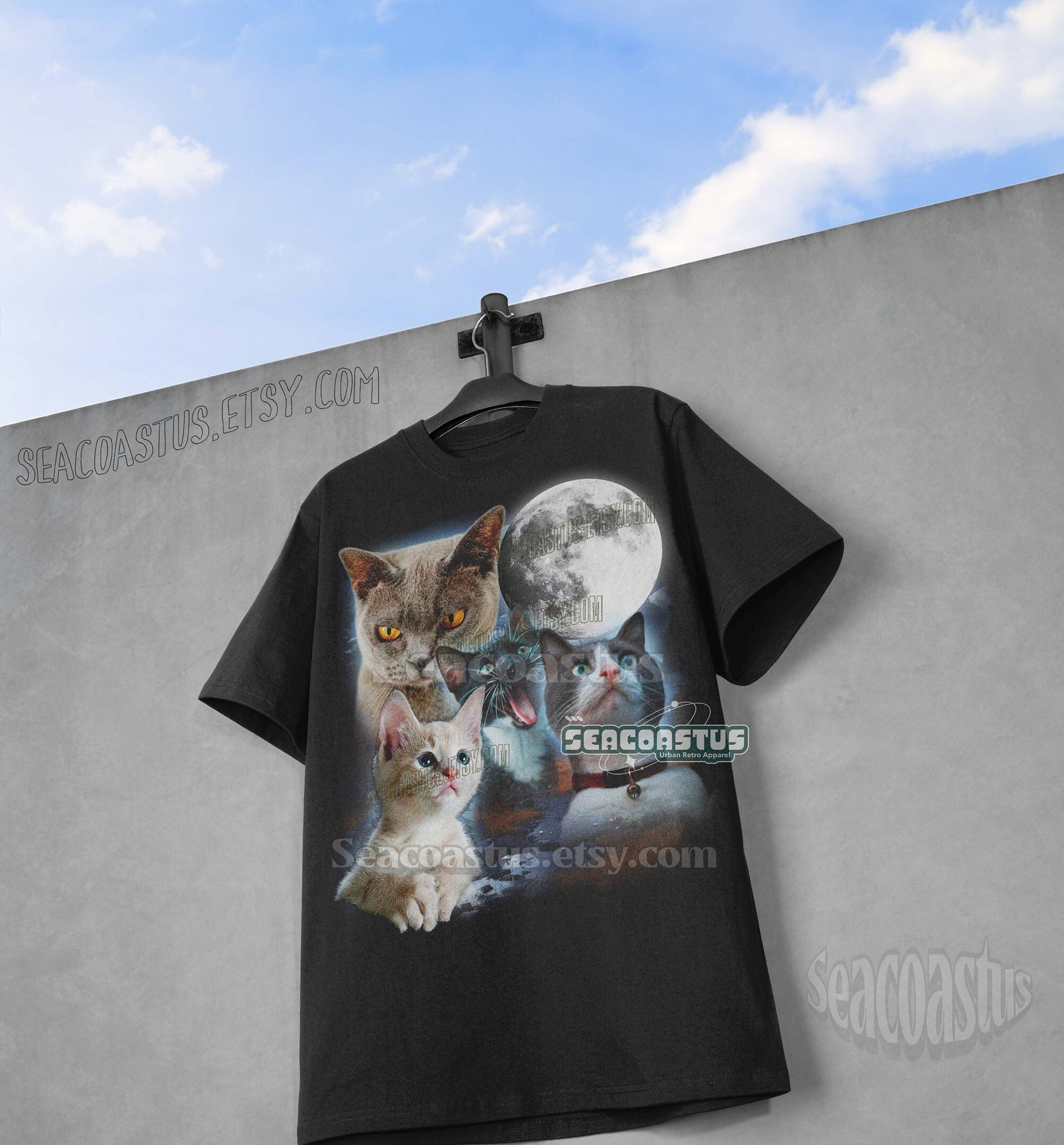 Cats Moon Vintage Graphic T-shirts, Retro Cat Moon Tshirt, Cat Lovers, Funny Cat Tee, Trash ...
