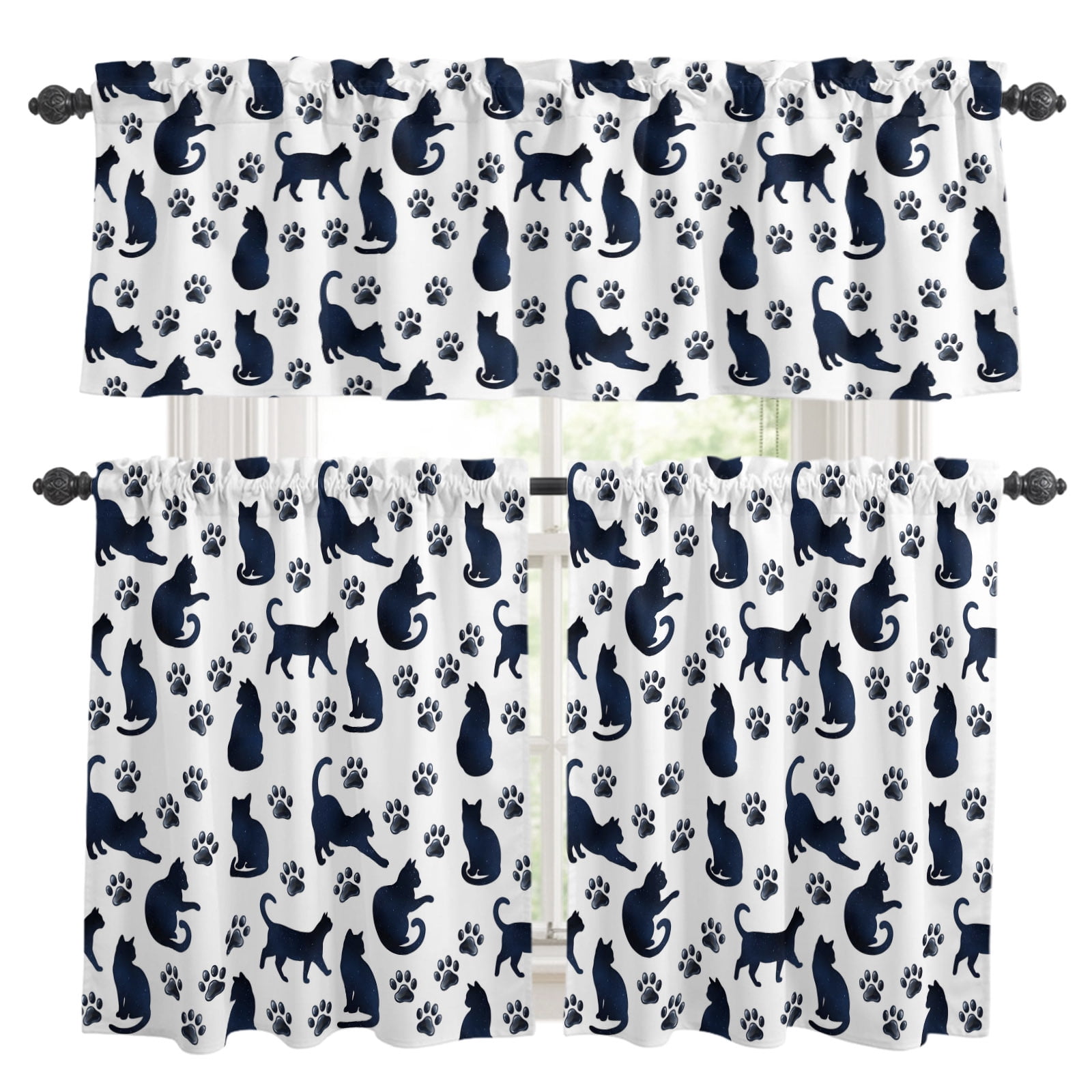 Cats Navy Claws Kitchen Curtains Set for Windows, White Background ...