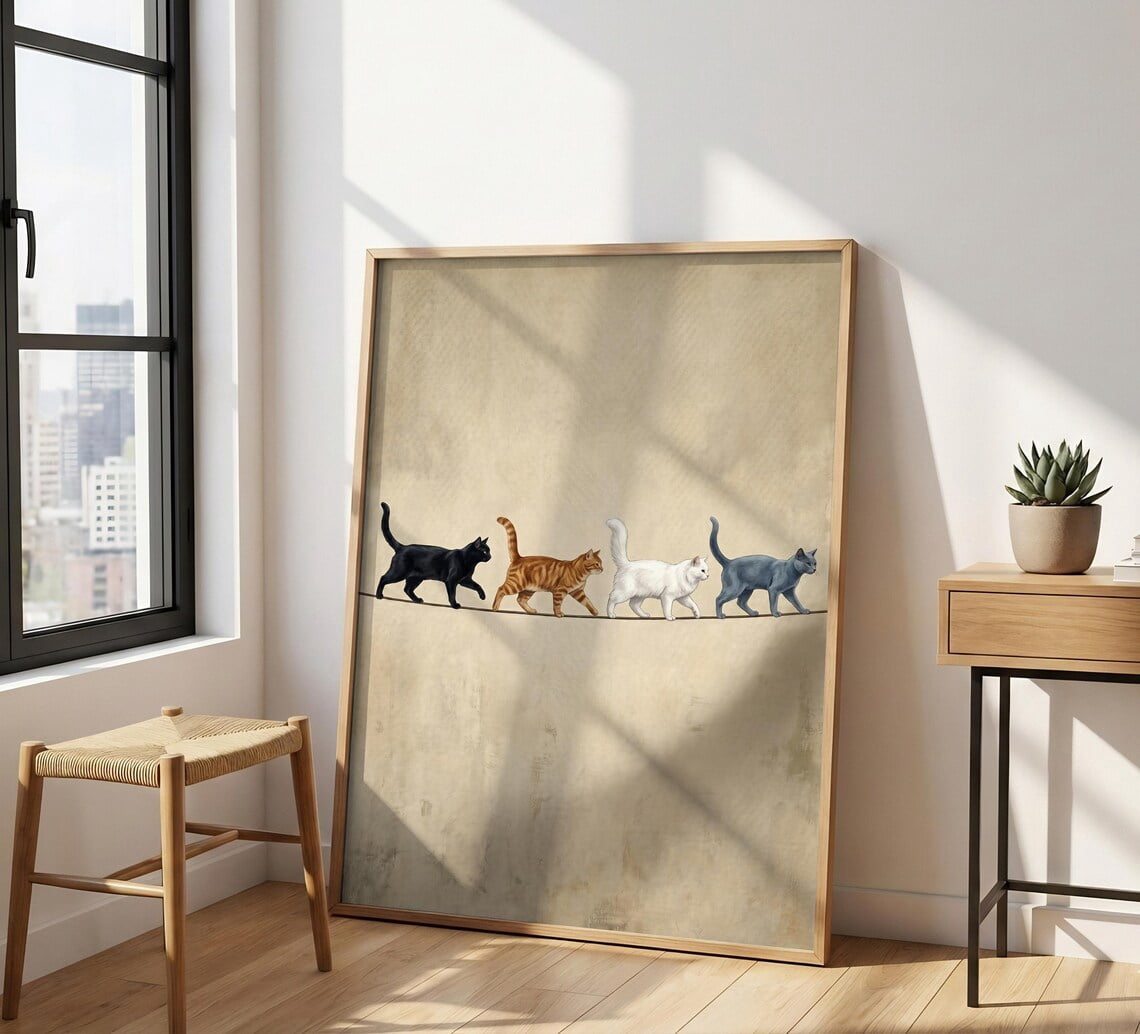 Cats On A Wire Rustic Feline Neutral Farmhouse Whimsical Cat Earth Tone ...
