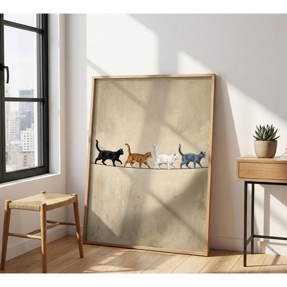 Cats On A Wire Rustic Feline Neutral Farmhouse Whimsical Cat Earth Tone ...