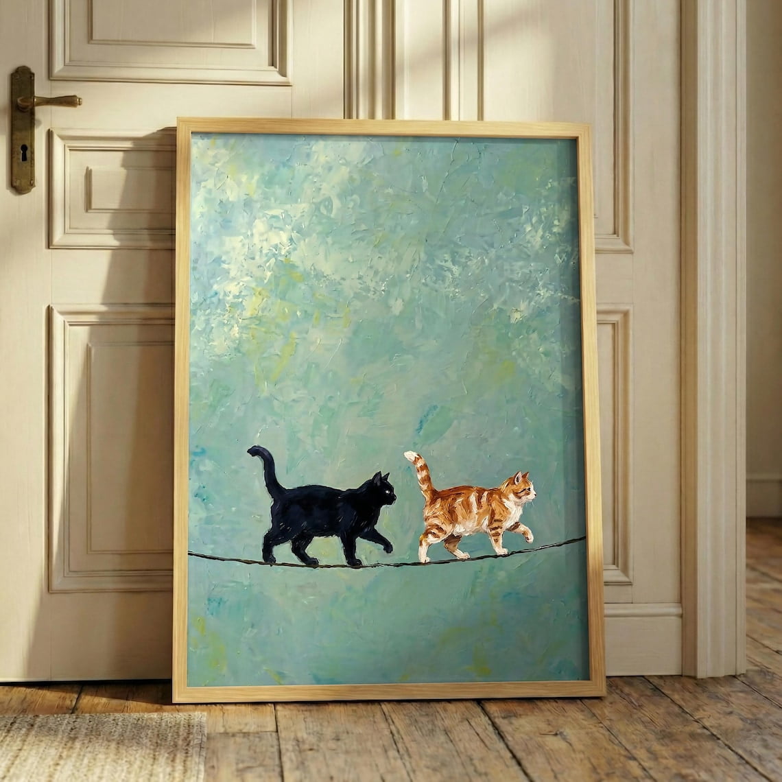 Cats On Wire Black Cat Minimalist Pet Orange Tabby Whimsical Cat Lover ...