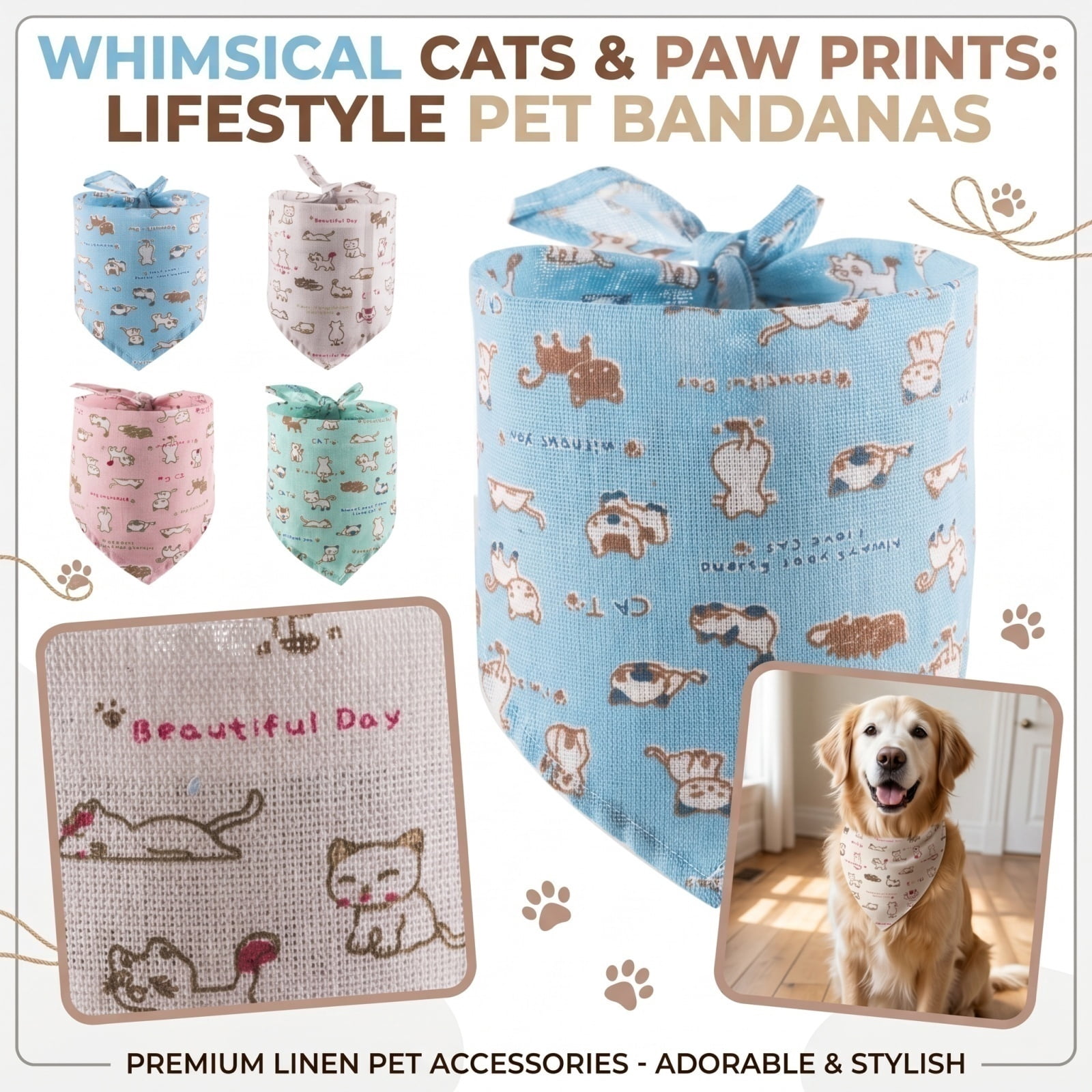 Cats & Paw Prints Pet Bandana - Linen Triangle Scarf for Golden ...