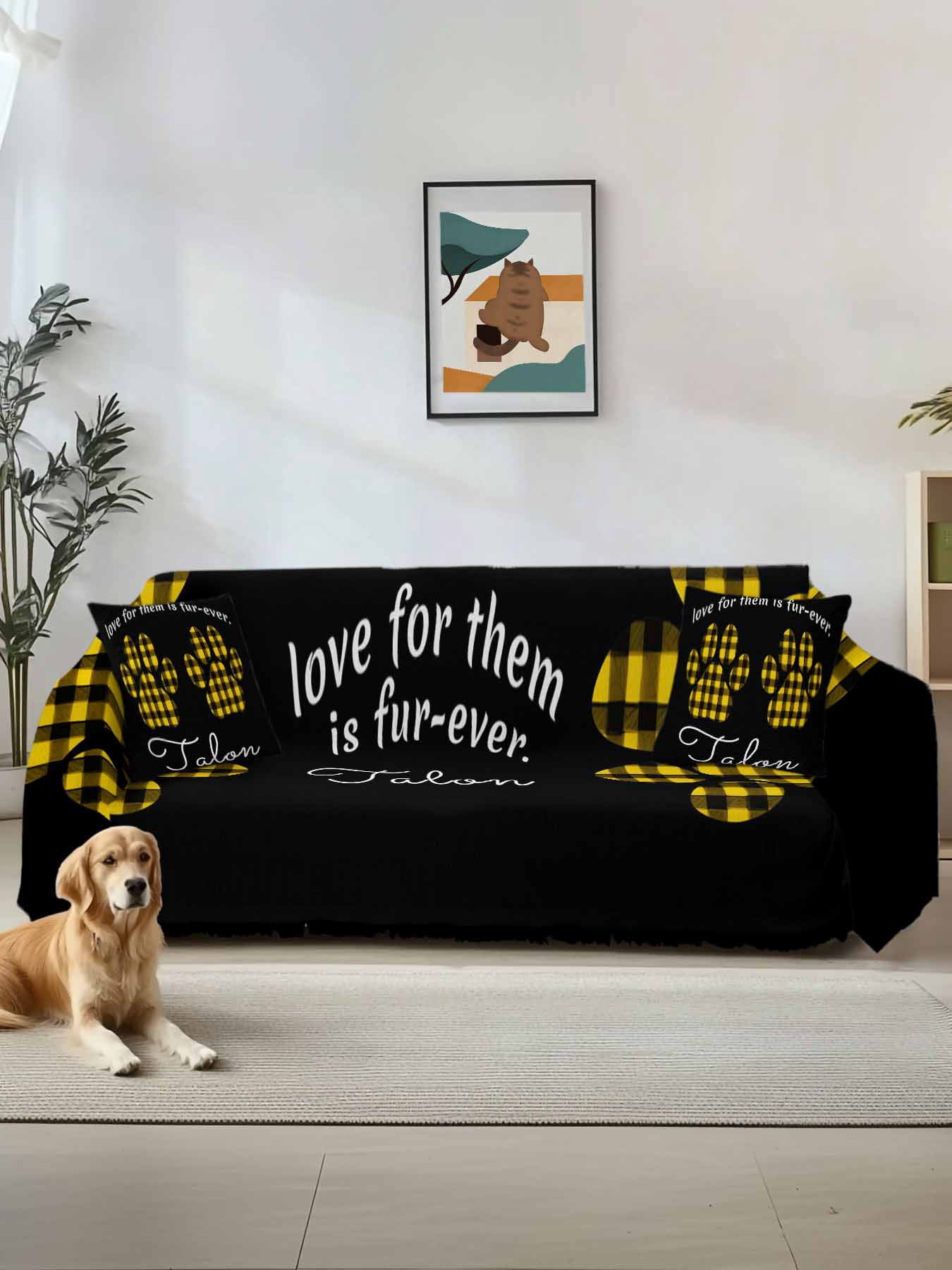 Cats Pawprints Couch Cover for Dogs, Yellow Black Buffalo Plaid Pets ...