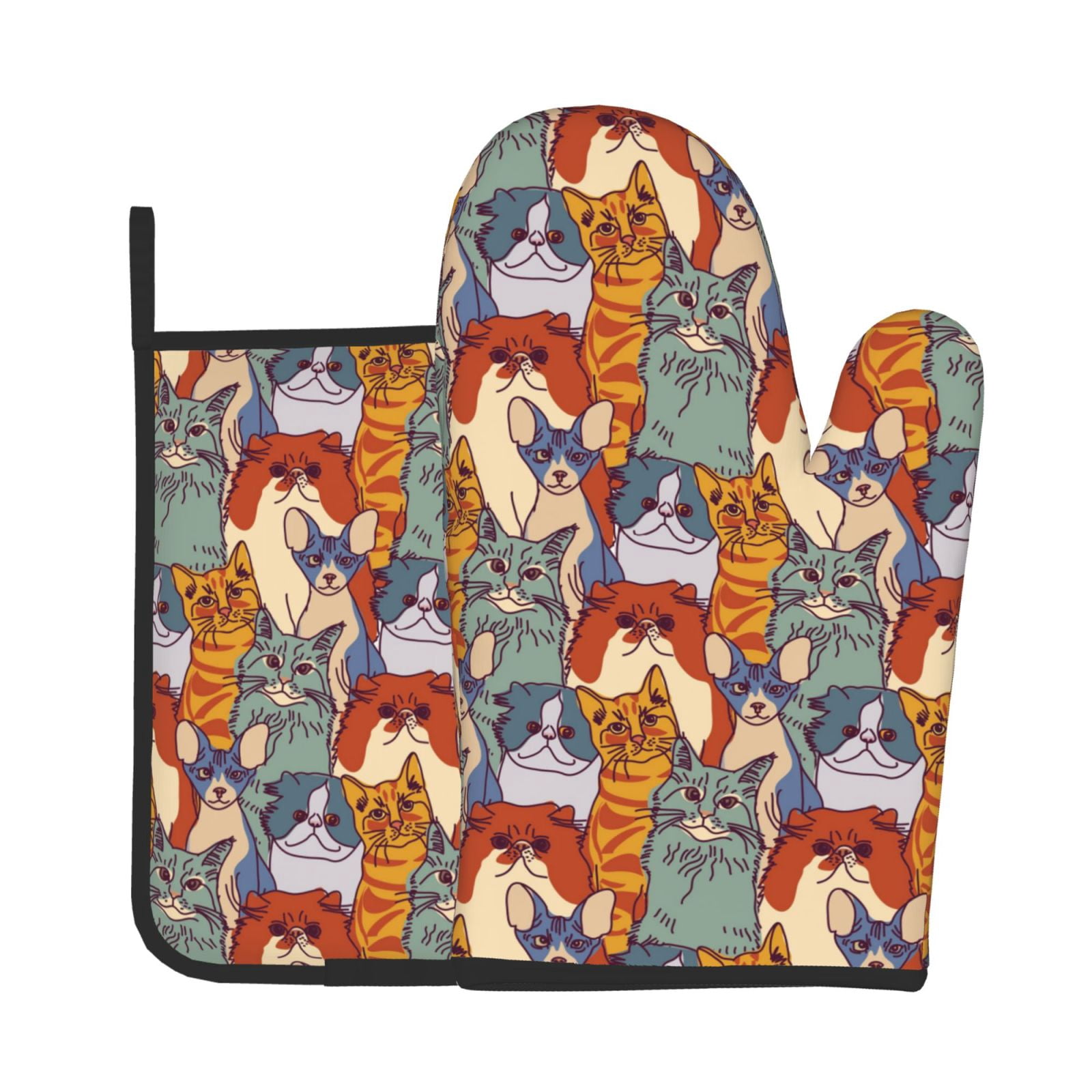 Cats Pets Cute 2Pcs Oven Mitts and Pot Holders Set Kitchen Glove ...
