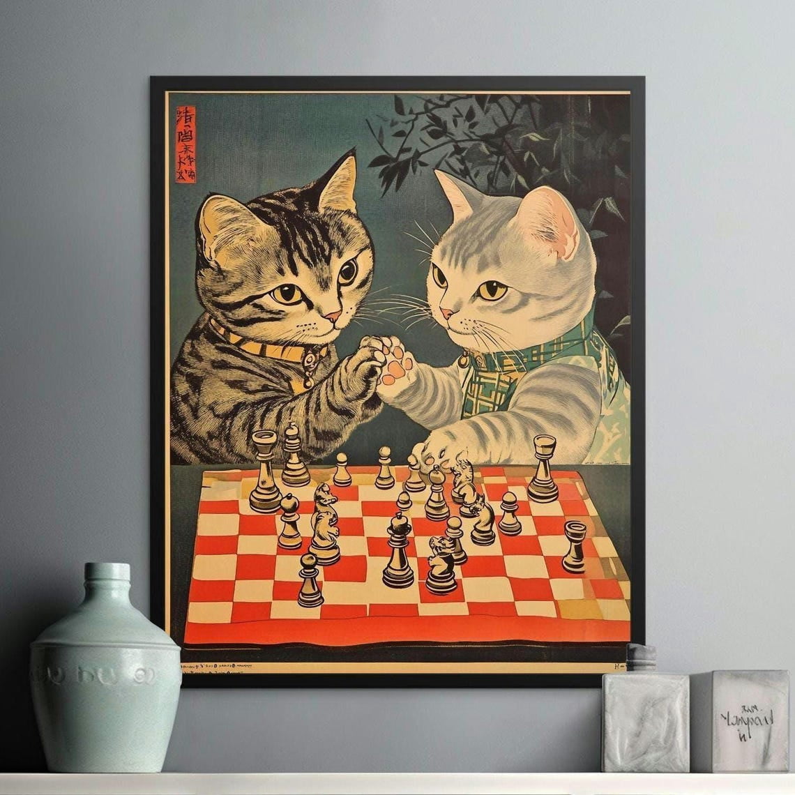 Cats Playing Chess Ukiyoe Japanese Style Strategy Game Wall Decor ...
