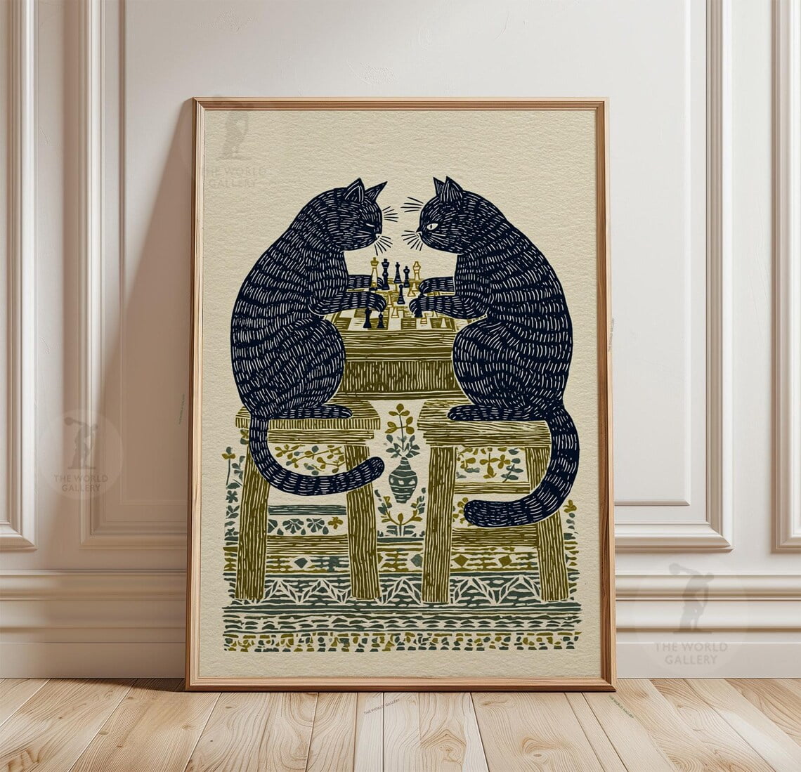 Cats Playing Chess Vintage Folk Art Wall Decor Whimsical Animal Art ...