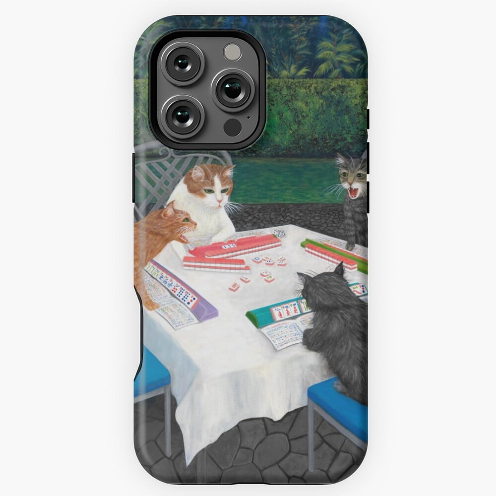 Cats Playing Mahjong Garden Art iPhone Case 17 16 15 14 13 12 11 Pro ...