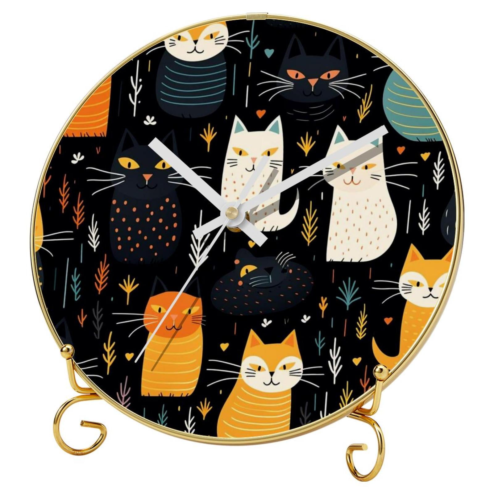 Cats Round Printed Wall Clocks with Hooks and Gold Stand - Silent, Non ...