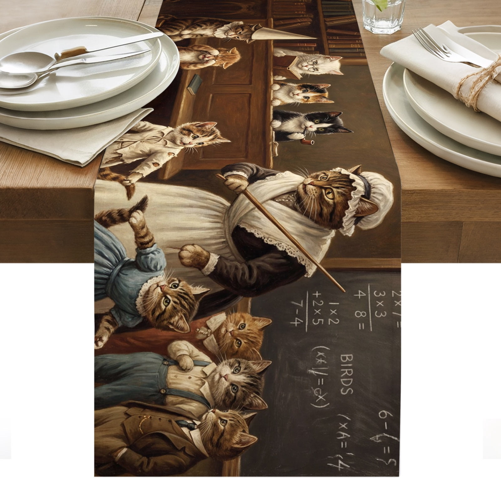 Cats in School Cotton Linen Table Runner Blackboard Vintage Academic ...