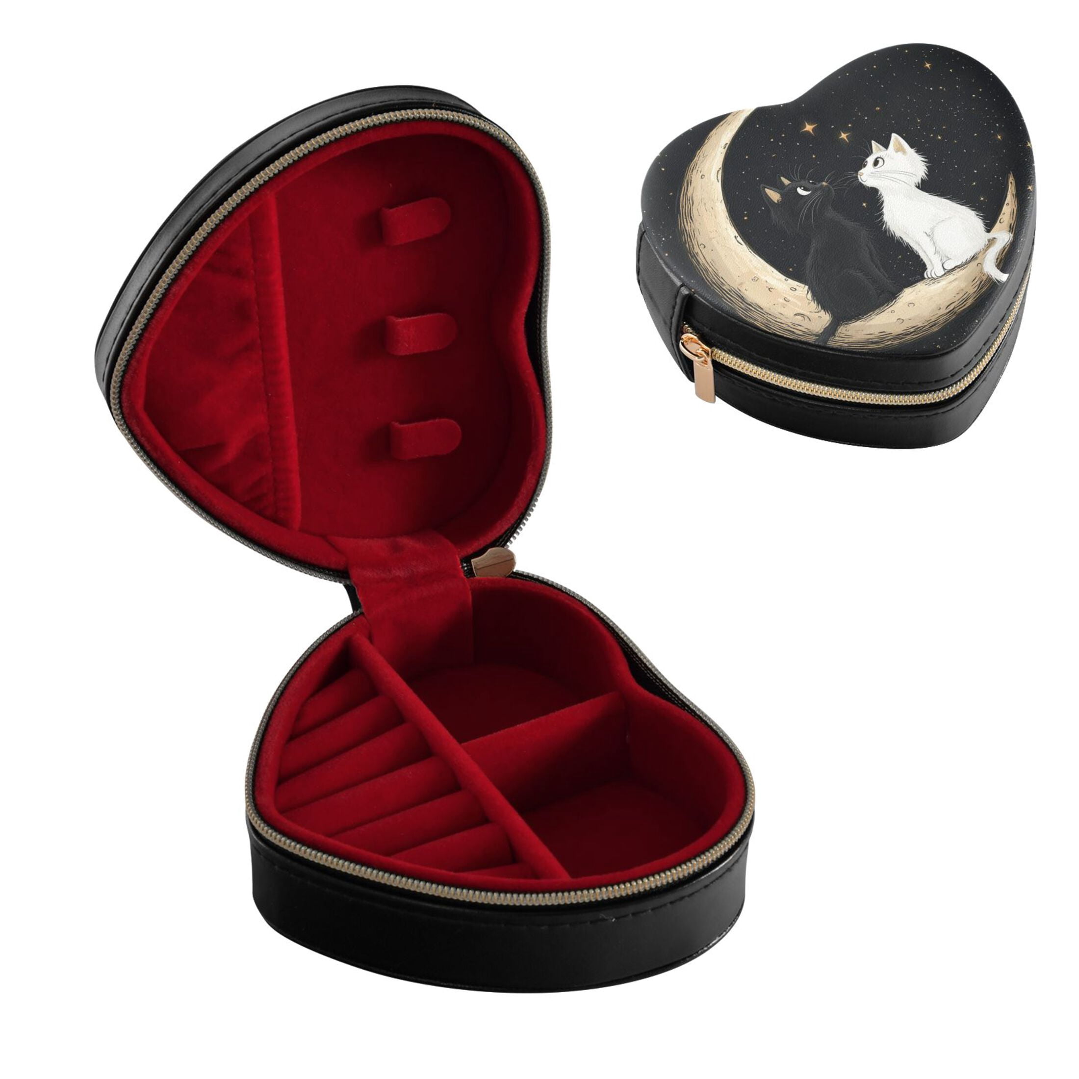 Cats Sitting on Moon PU Leather Heart-shaped Jewelry Box Jewel Cases ...
