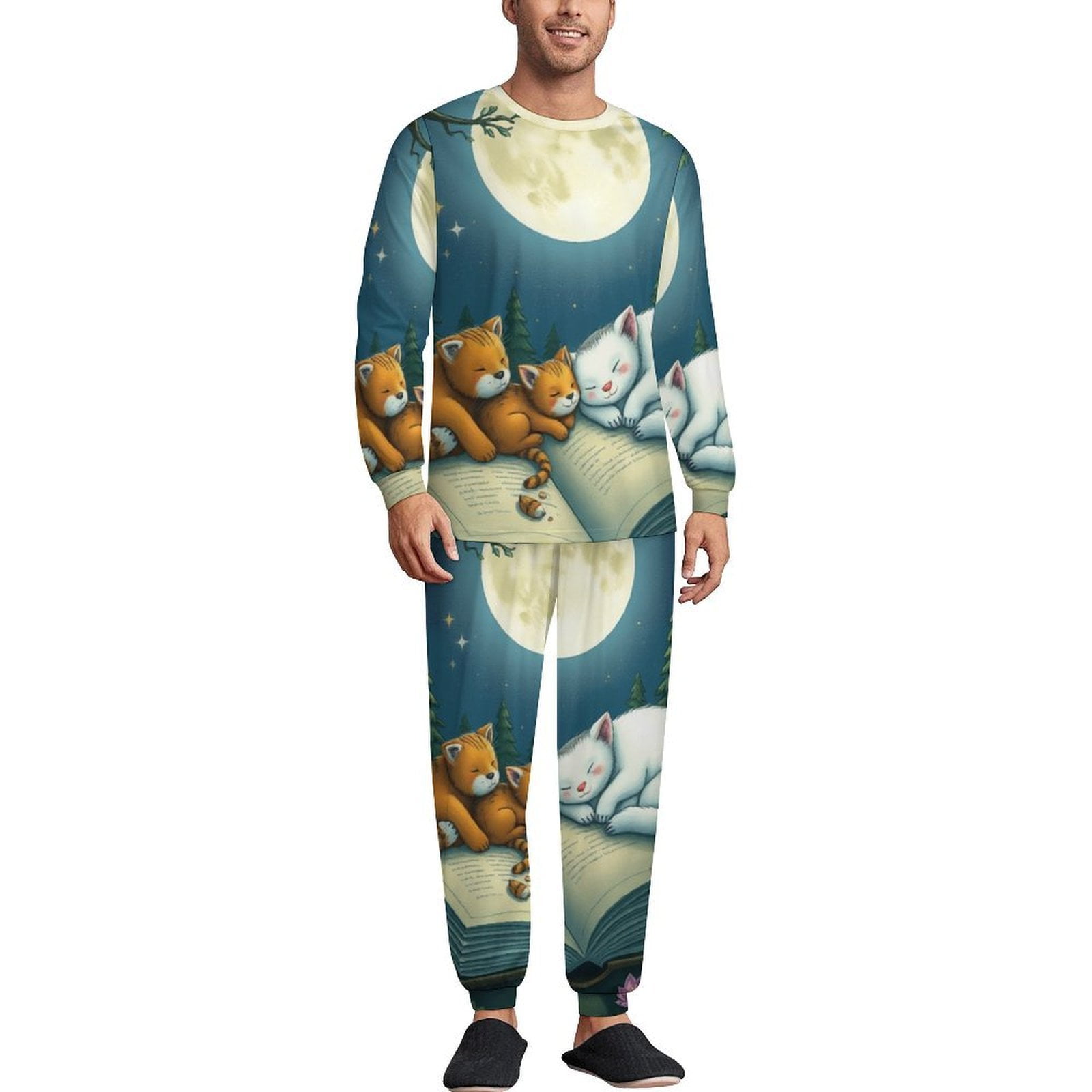 Cats Sleep Book Moon Pajamas Men Long Sleeves Pajama Sets 2 Pieces ...