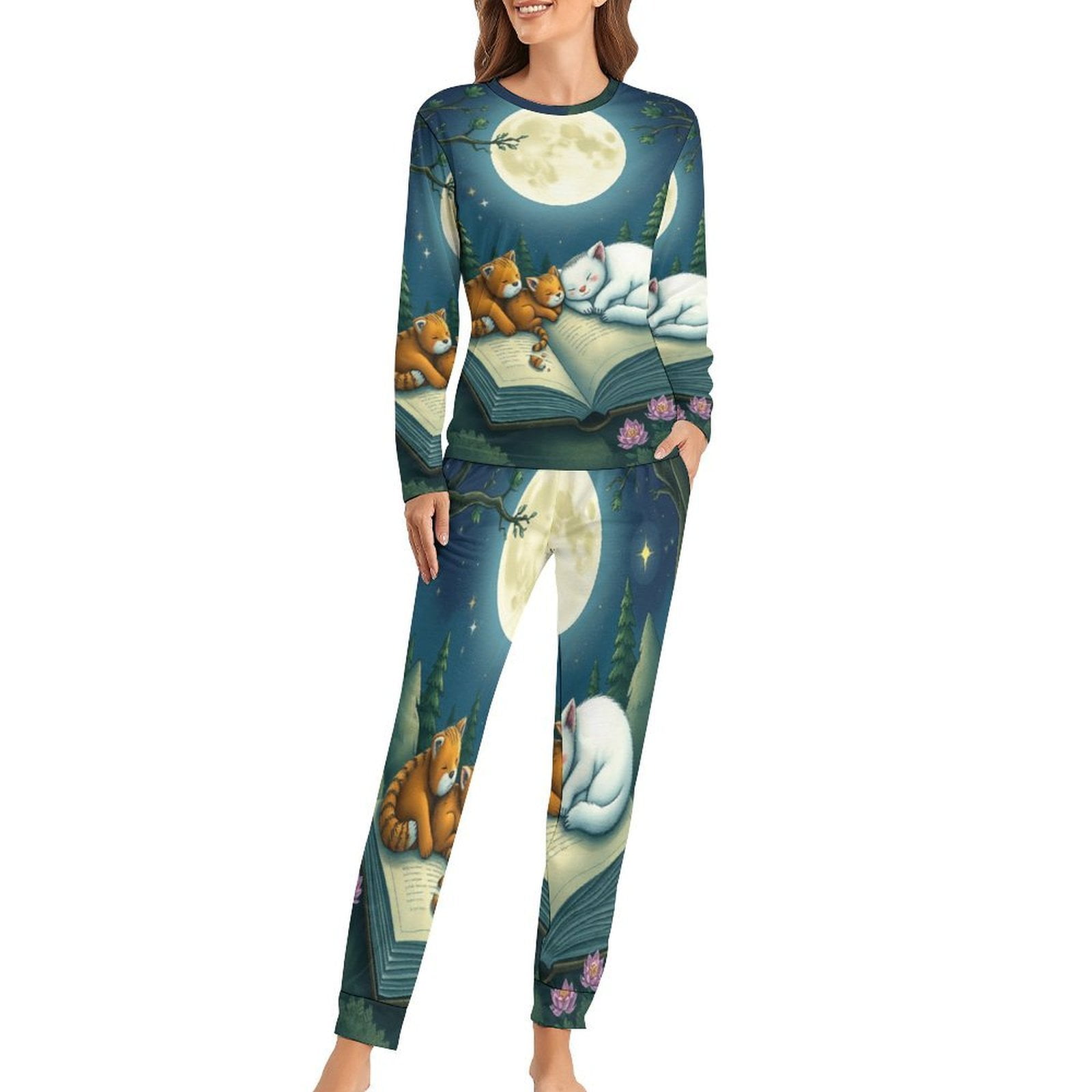 Cats Sleep Book Moon Pajamas Woman Two Piece Design Long Sleeves ...