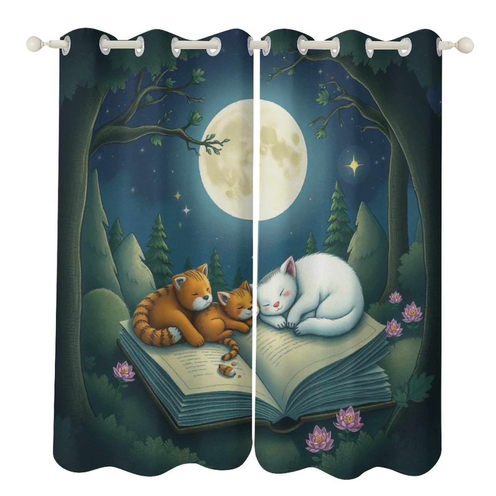 Cats Sleep Book Moon Window Curtains Drapes Bedroom Living Room Kitchen ...
