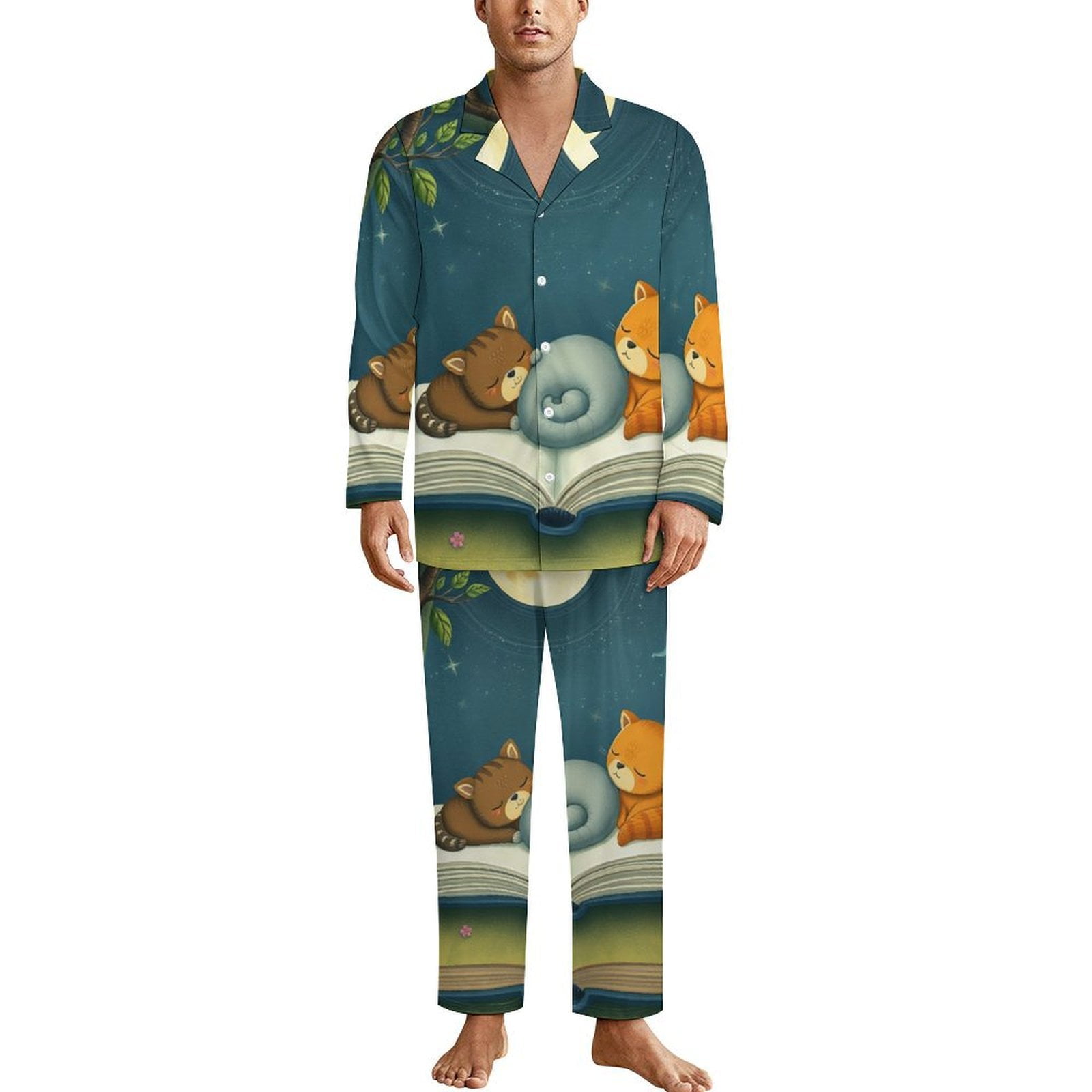 Cats Sleeping Book Pajamas Men Sleep Sleepwear Spring 2 Piece Casual ...