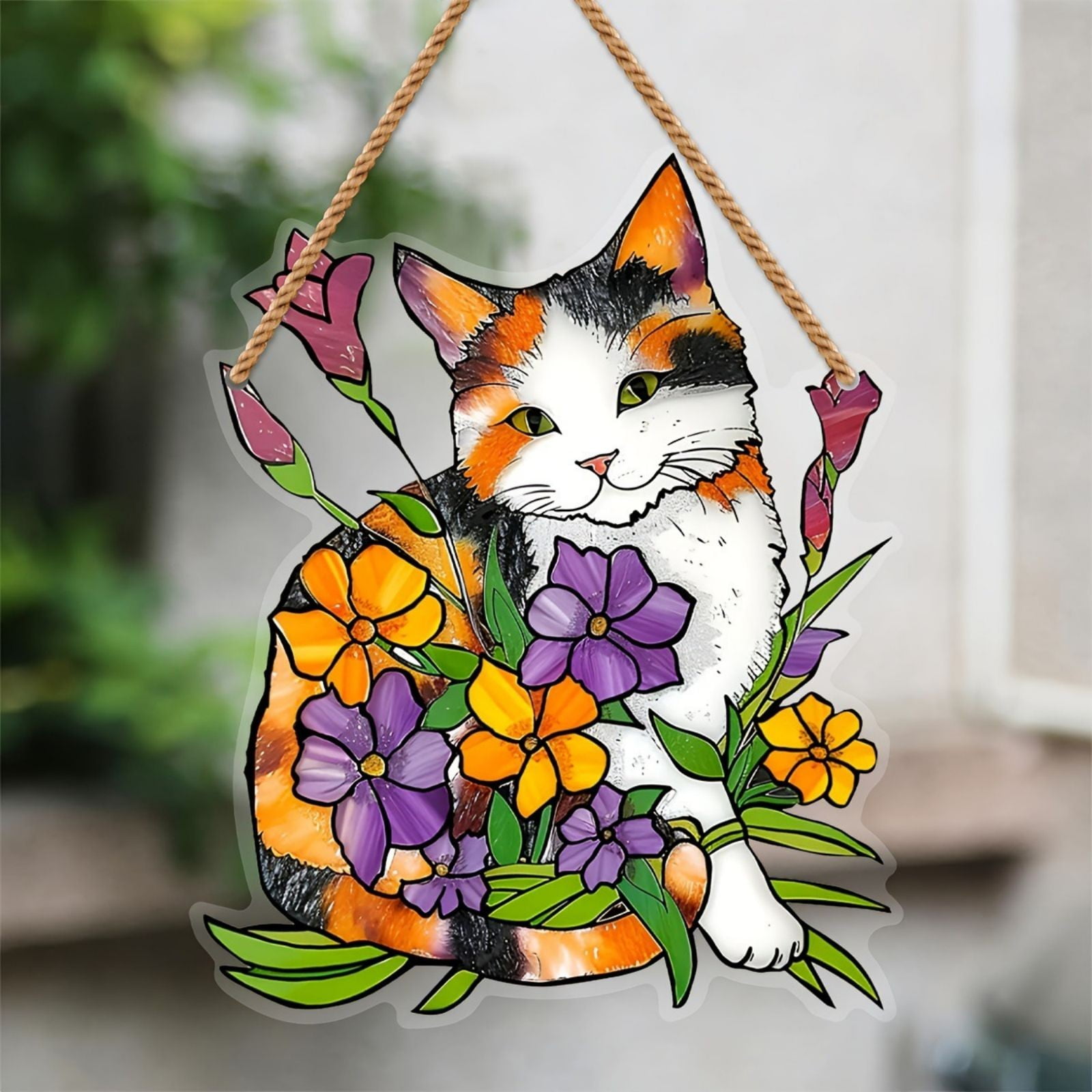 Cats Stained Acrylic Window Hanging Suncatcher Cats Ornament Flowers ...