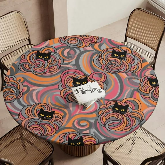 Cats Swirls Pattern Round Table Cover Kitchen Printed Waterproof ...