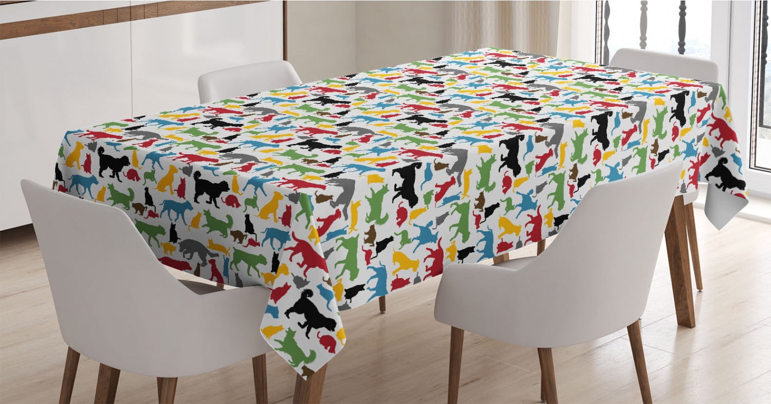 Cats Tablecloth, Colorful Cats and Dogs Animal Silhouettes Domestic ...