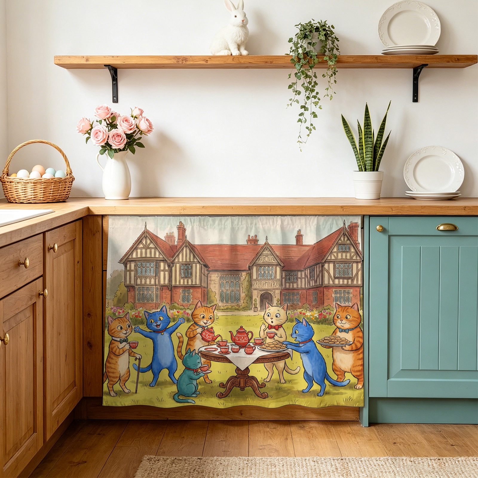 Cats Tea Party Cabinet Curtains 10" W x 11" L Manor House Garden ...