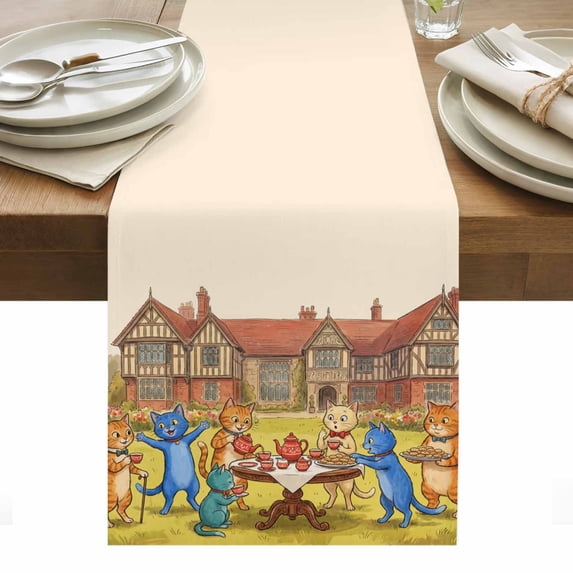 Cats Tea Party Cotton Linen Table Runner Manor House Garden Whimsical ...