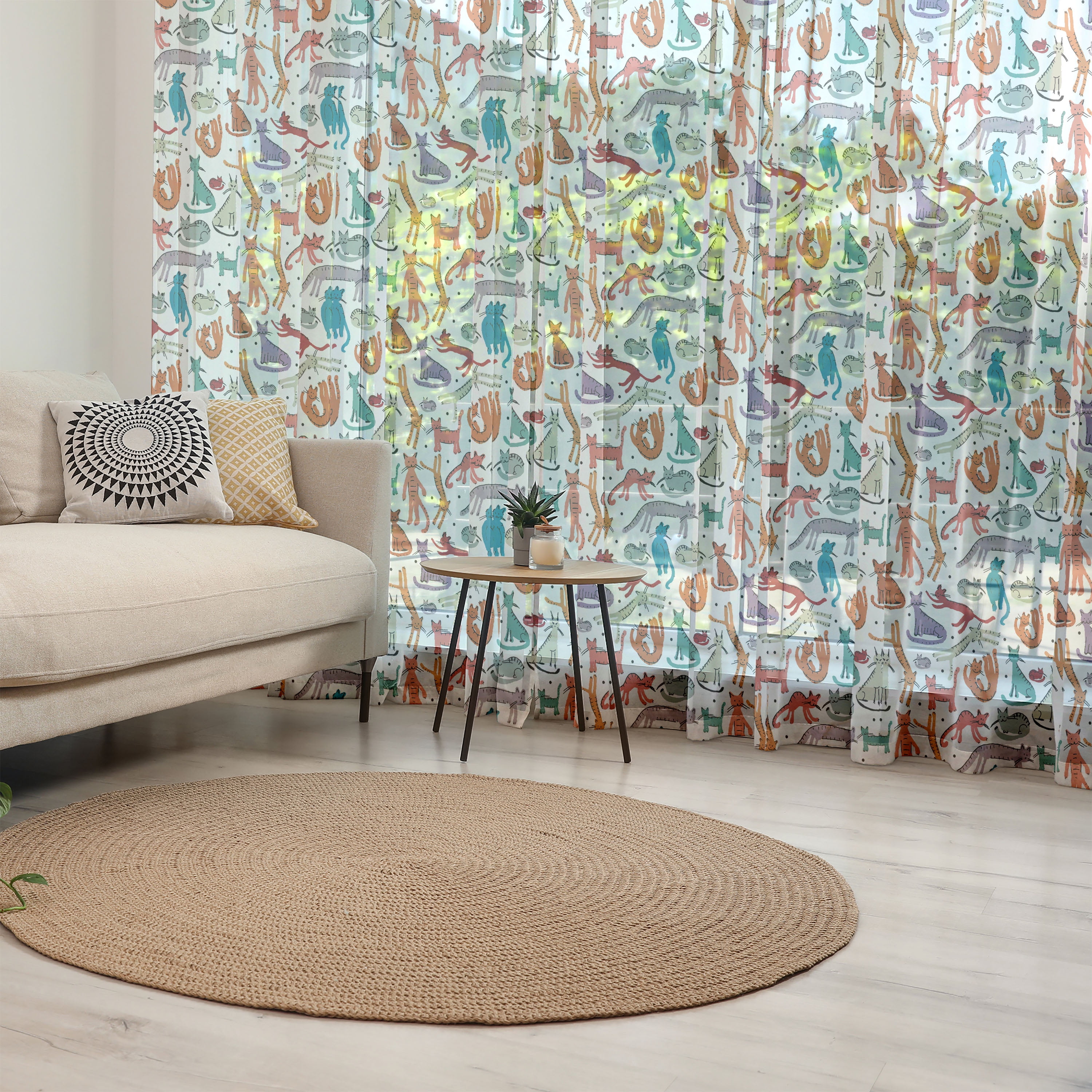 Cats Tulle Curtains with Rod Pocket, Cheerful Sketch Art of Kittens in ...