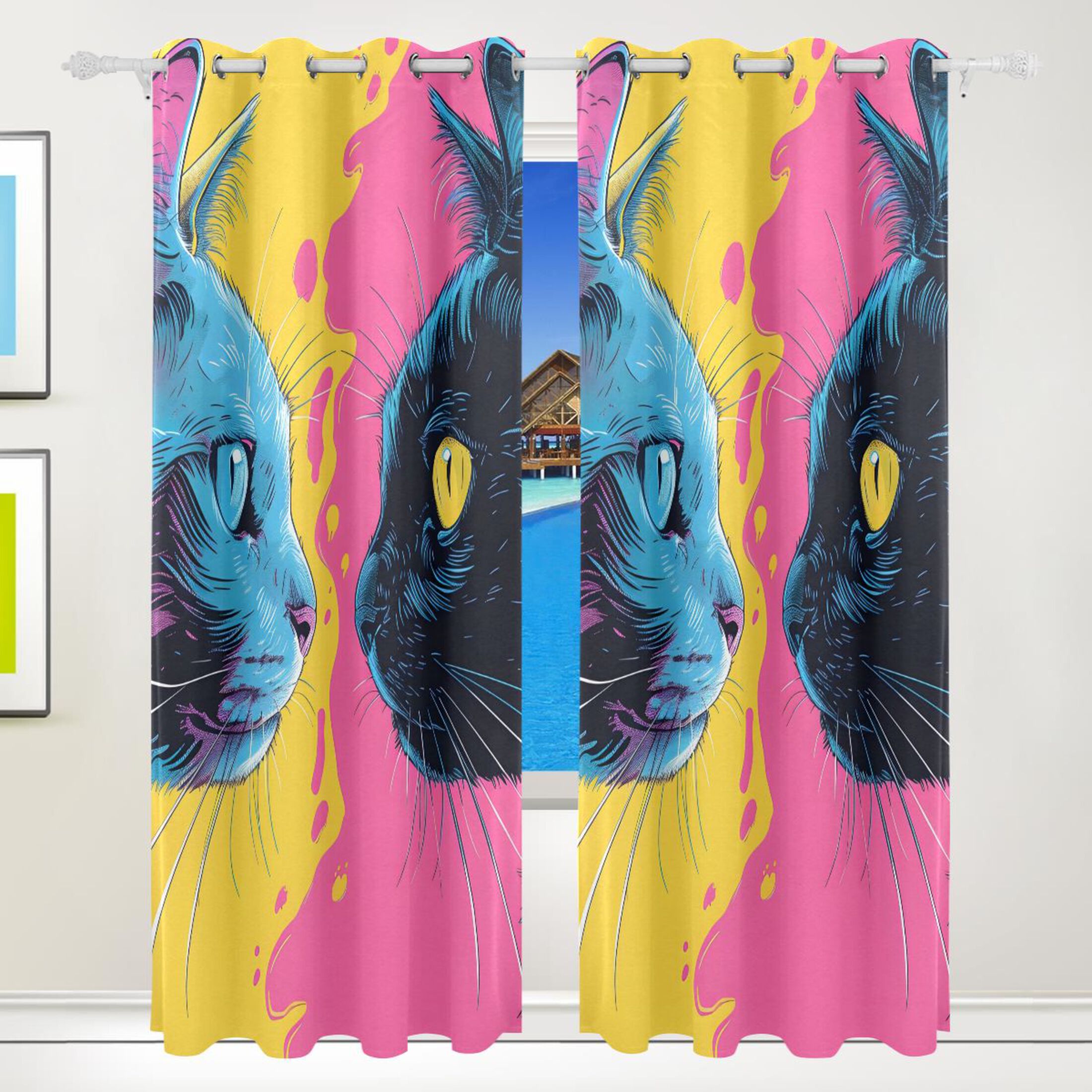Cats Two Faces Looking at Each Other Polyester Curtains Drapes with ...