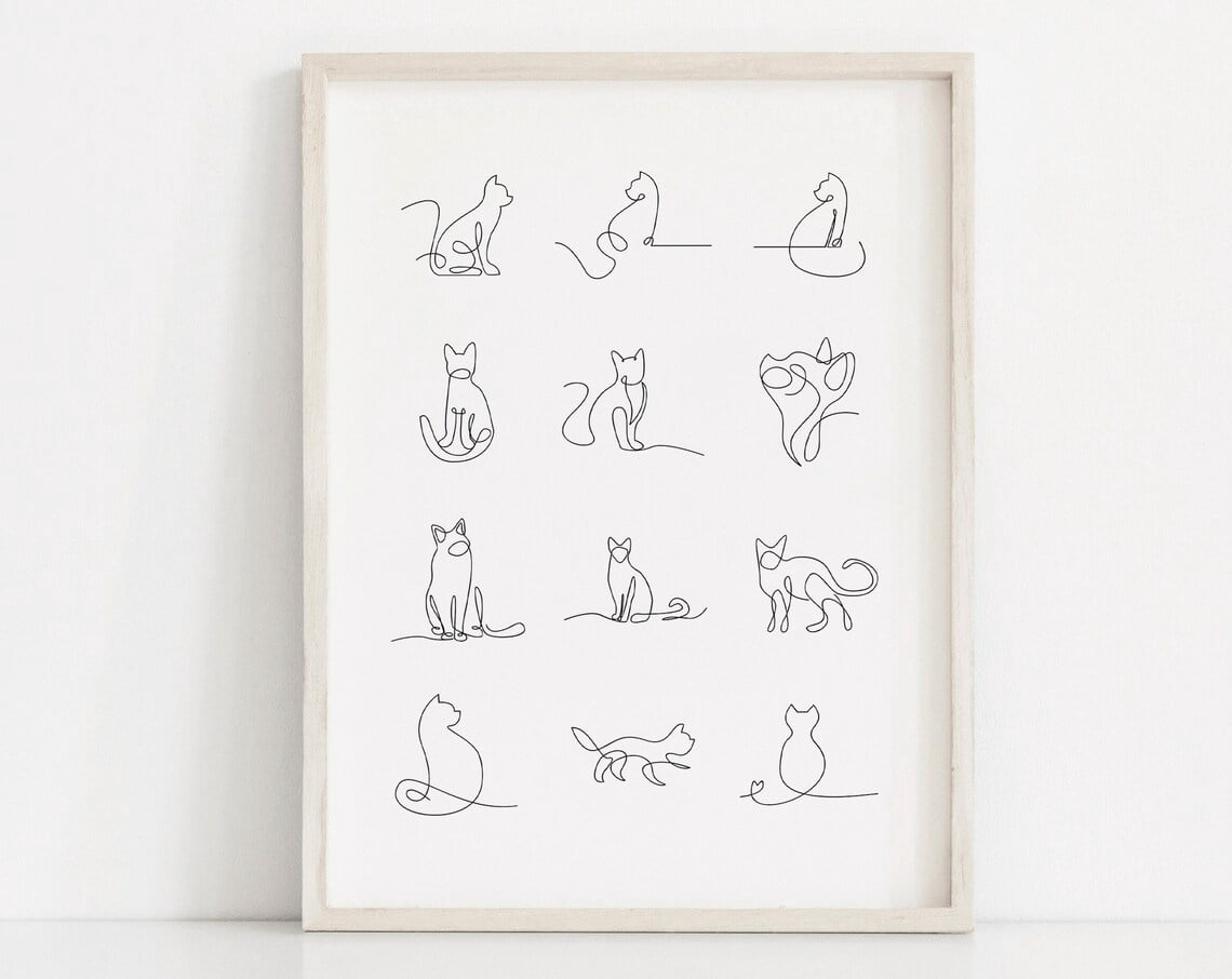 Cats Wall Art, Cat Line Art Print, Cat Lady Gift, Animal Poster, Cat ...