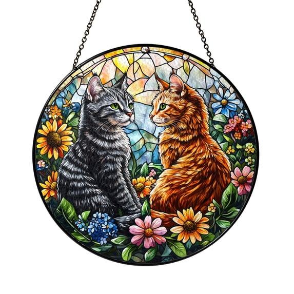 Cats and Wildflowers Stained Glass Suncatcher, Feline Floral Window ...
