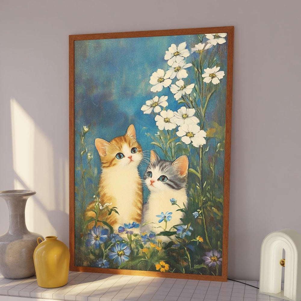 Cats Wildflowers Vintage Poster, Vintage Cats Painting, Floral Art ...