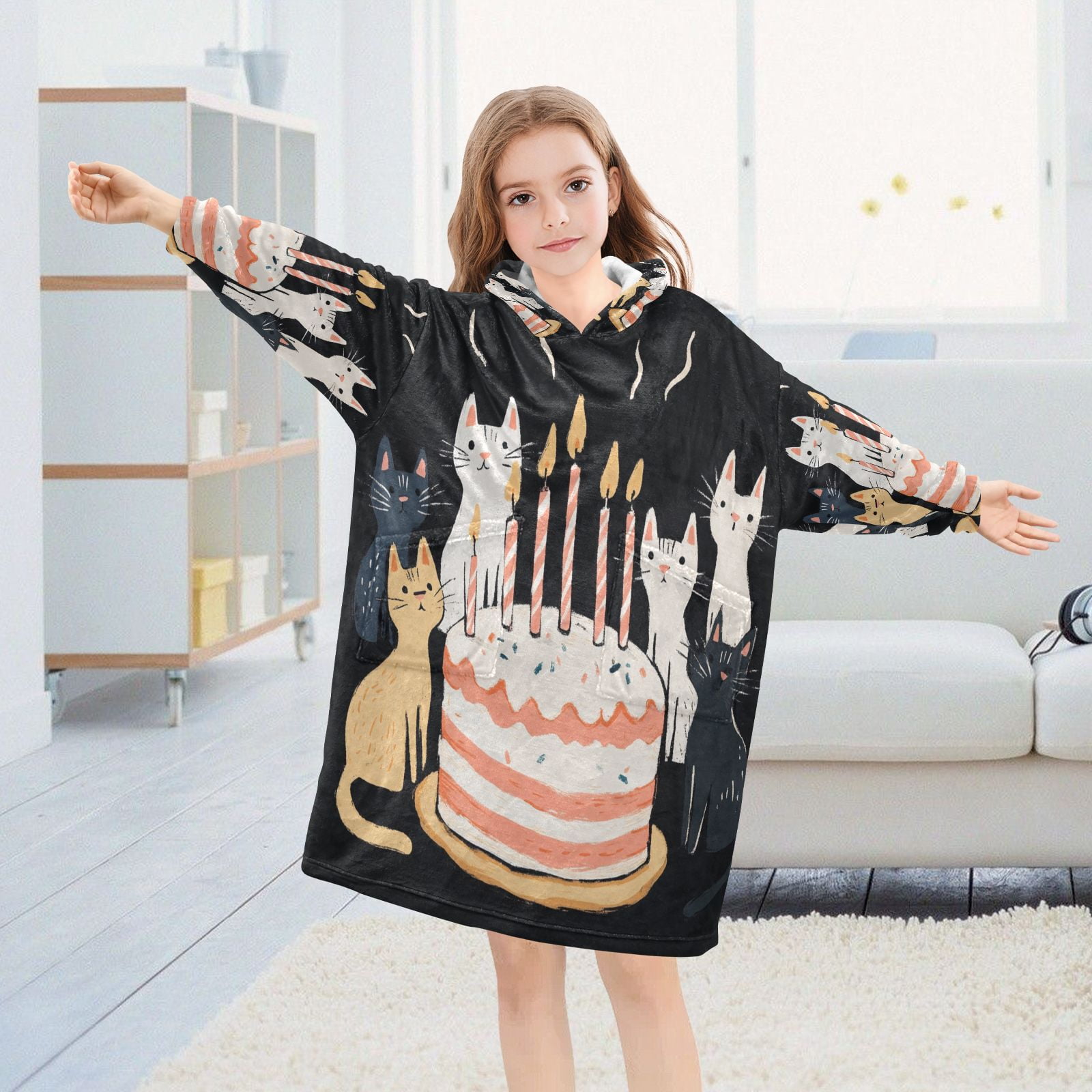 Cats and Birthday Cake Oversized Wearable Blanket Hoodie Sweatshirt ...