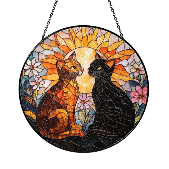 Cats and Floral Stained Glass-Style Window Suncatcher, Real Glass ...
