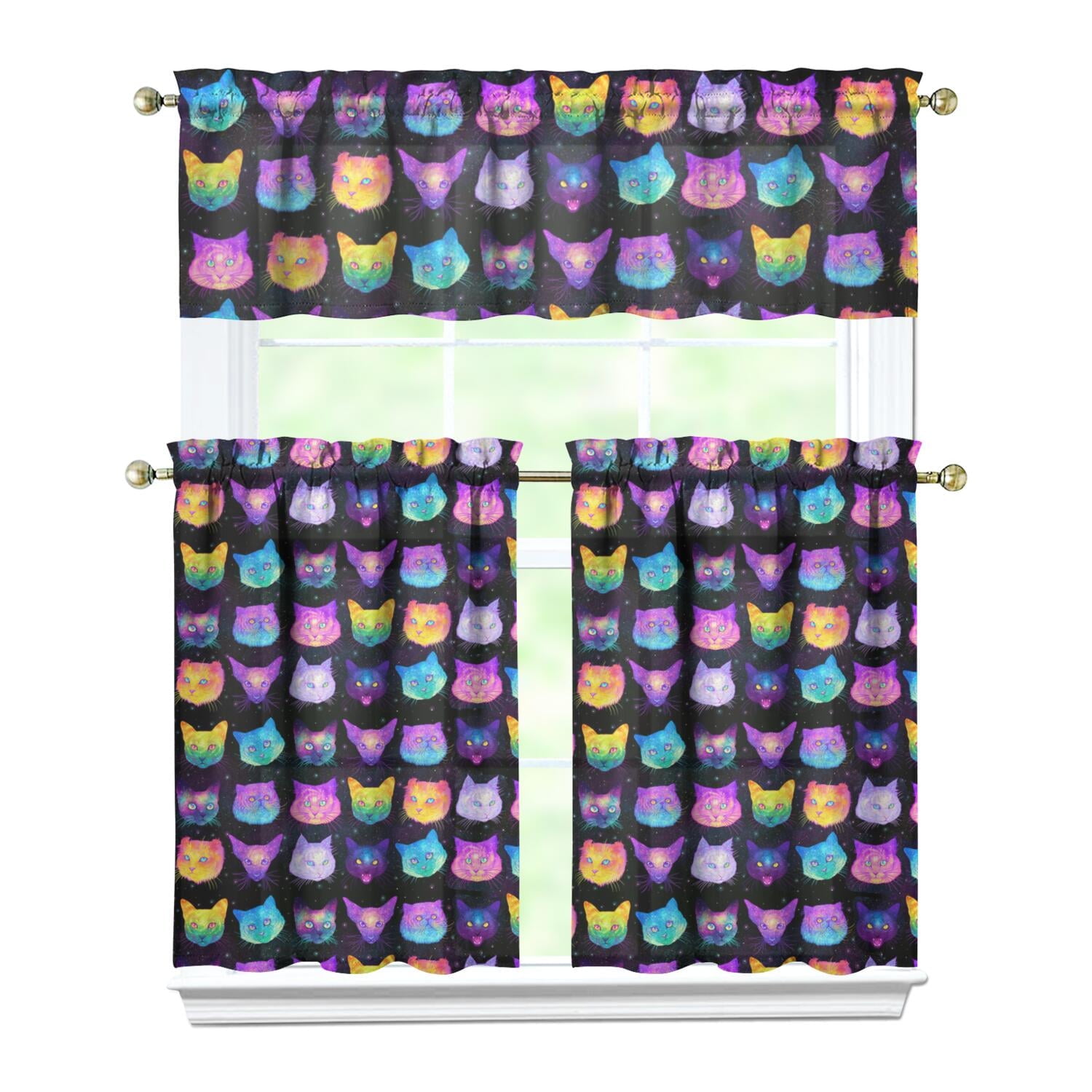 Cats and Flowers Print Kitchen Curtains - 3 Piece Semi-Sheer Tier ...