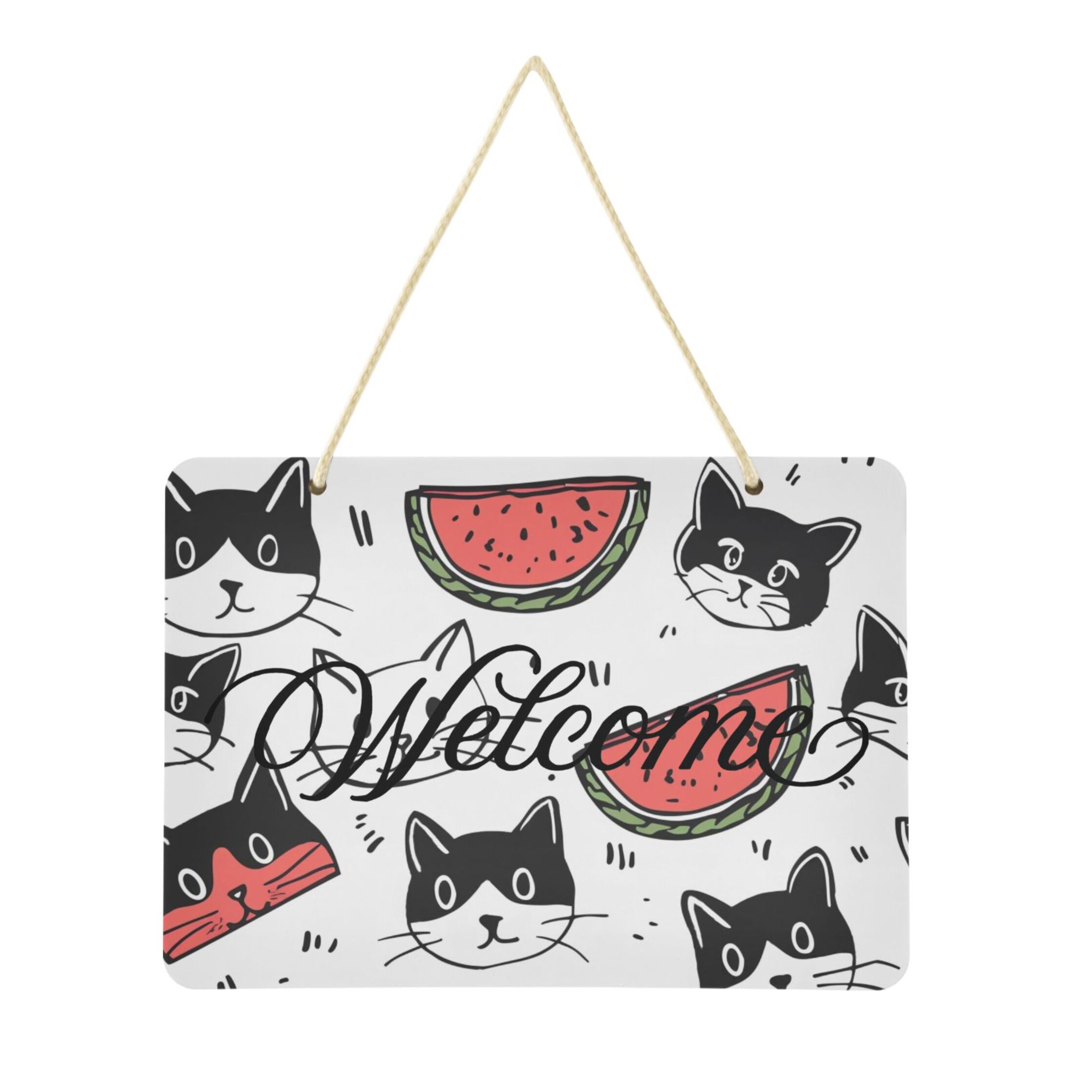 Cats and Watermelon Welcome Sign Front Door PVC 14x10 inch Hanger Hello ...