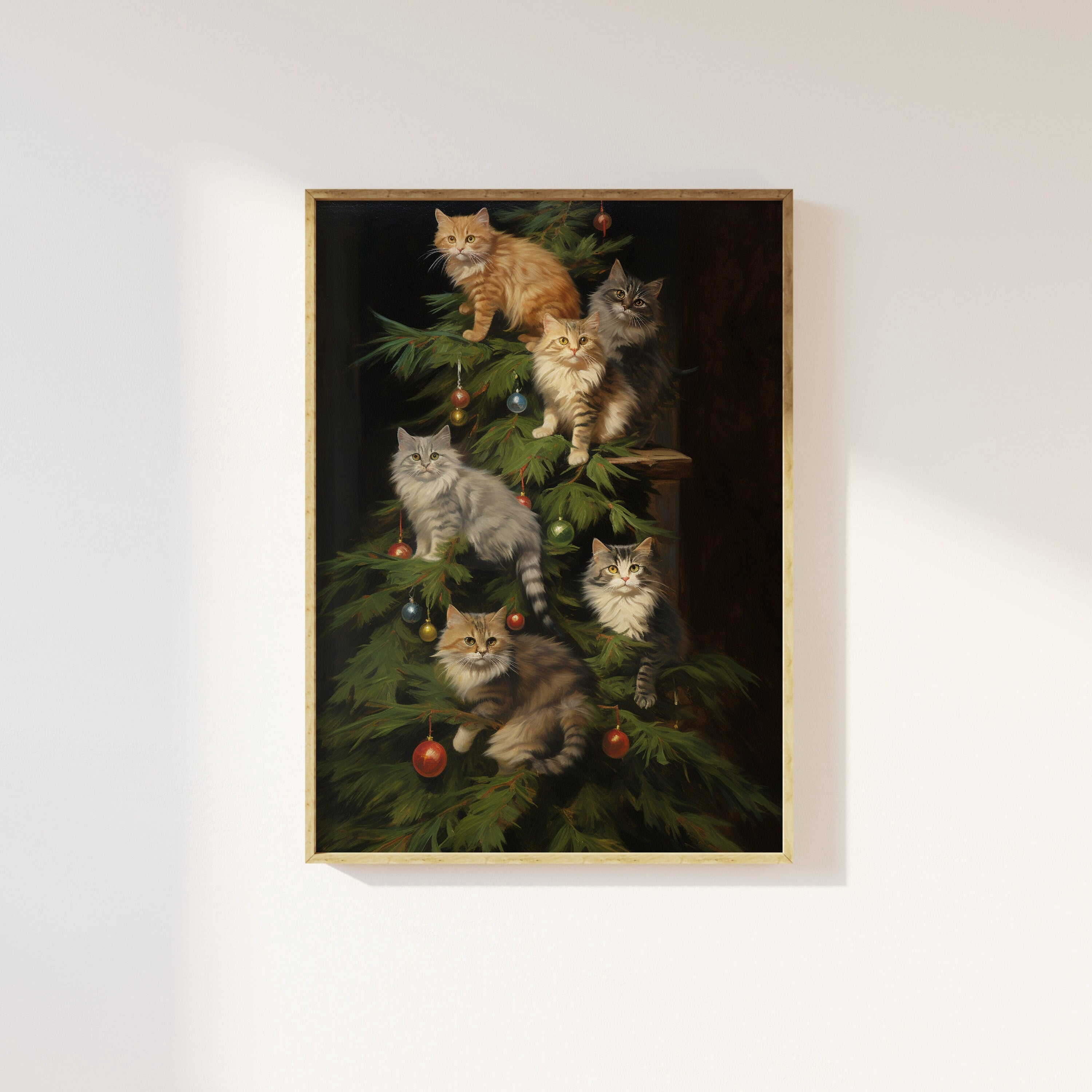 Cats climbing Christmas tree art print | Christmas cat, funny humour ...