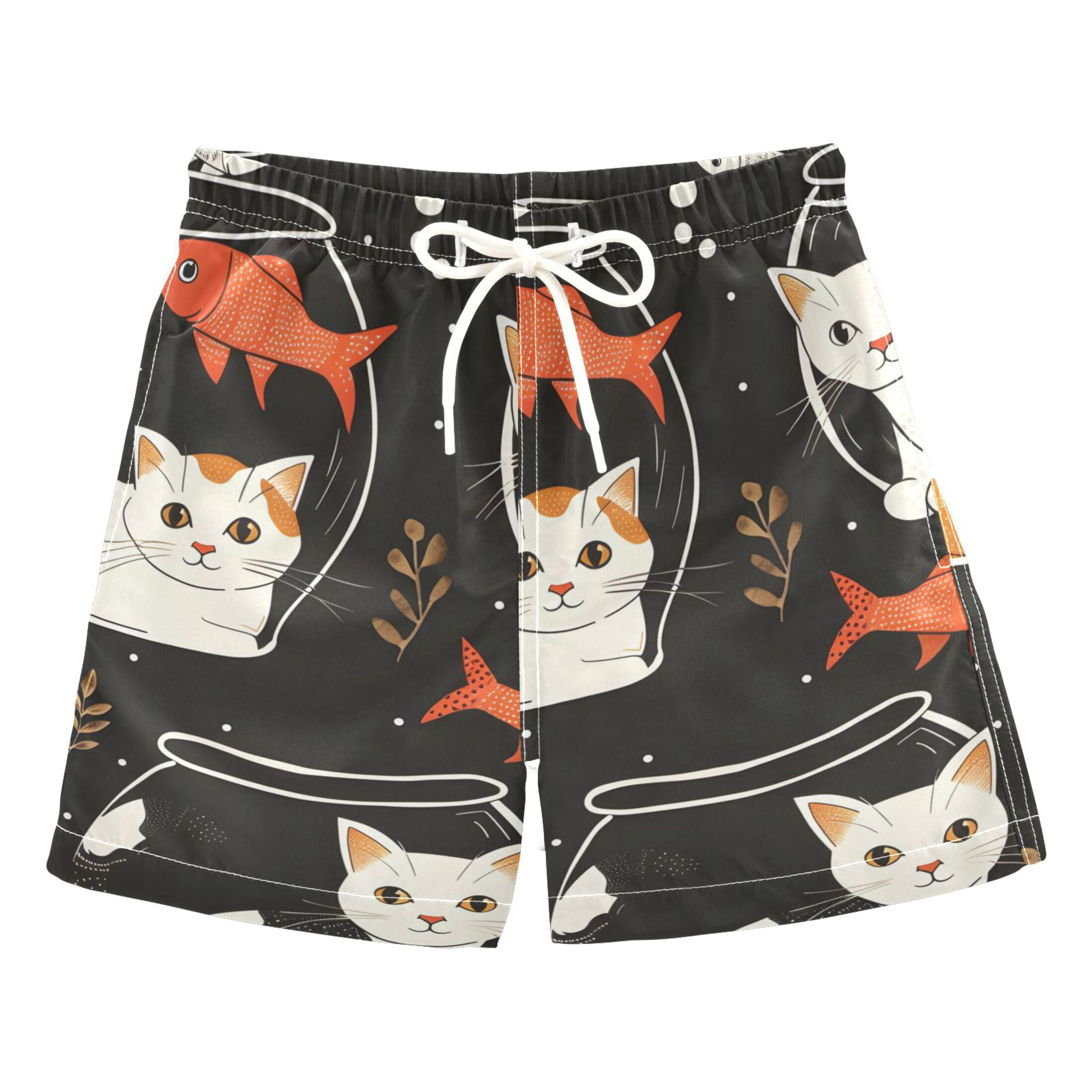 Cats in Fish Bowl Fishes Bubbles Leaves Boys' Swim Trunks Board Shorts ...
